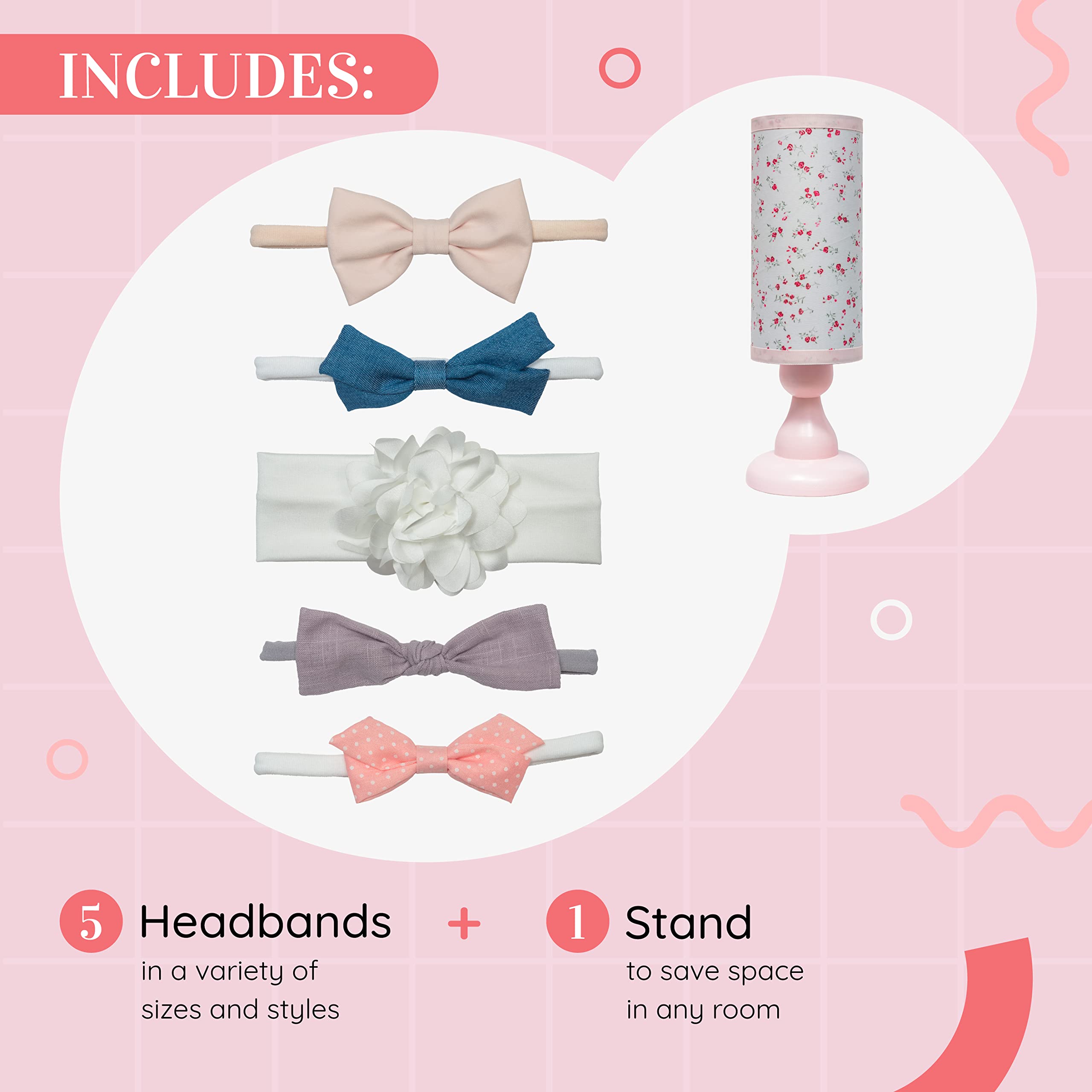 Elly & Emmy My First Headband Stand for Girls, Includes 5 Headbands, Pink with Floral Print