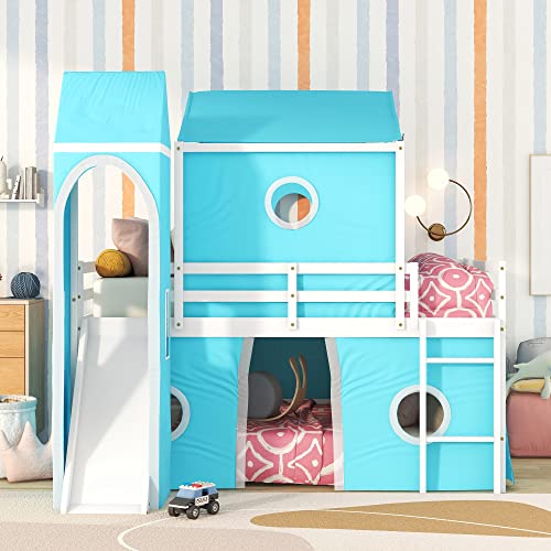 RORIGAT Castle Full Size Bunk Bed,Solid Wood Low Loft Bed Frame with Windows Slide, Tent and Tower,Bunk Bed for Kids Bedroom,Blue
