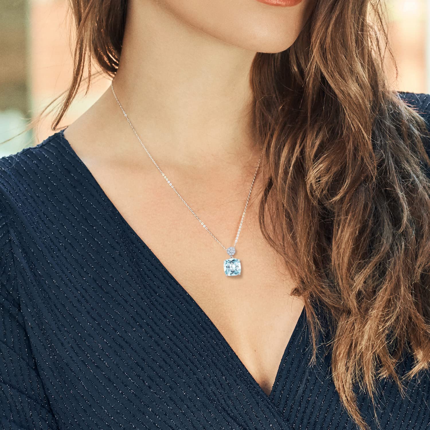 Gem Stone King 925 Sterling Silver Sky Blue Simulated Aquamarine Pendant Necklace For Women (6.32 Cttw, Cushion Cut 12MM, with 18 Inch Silver Chain)