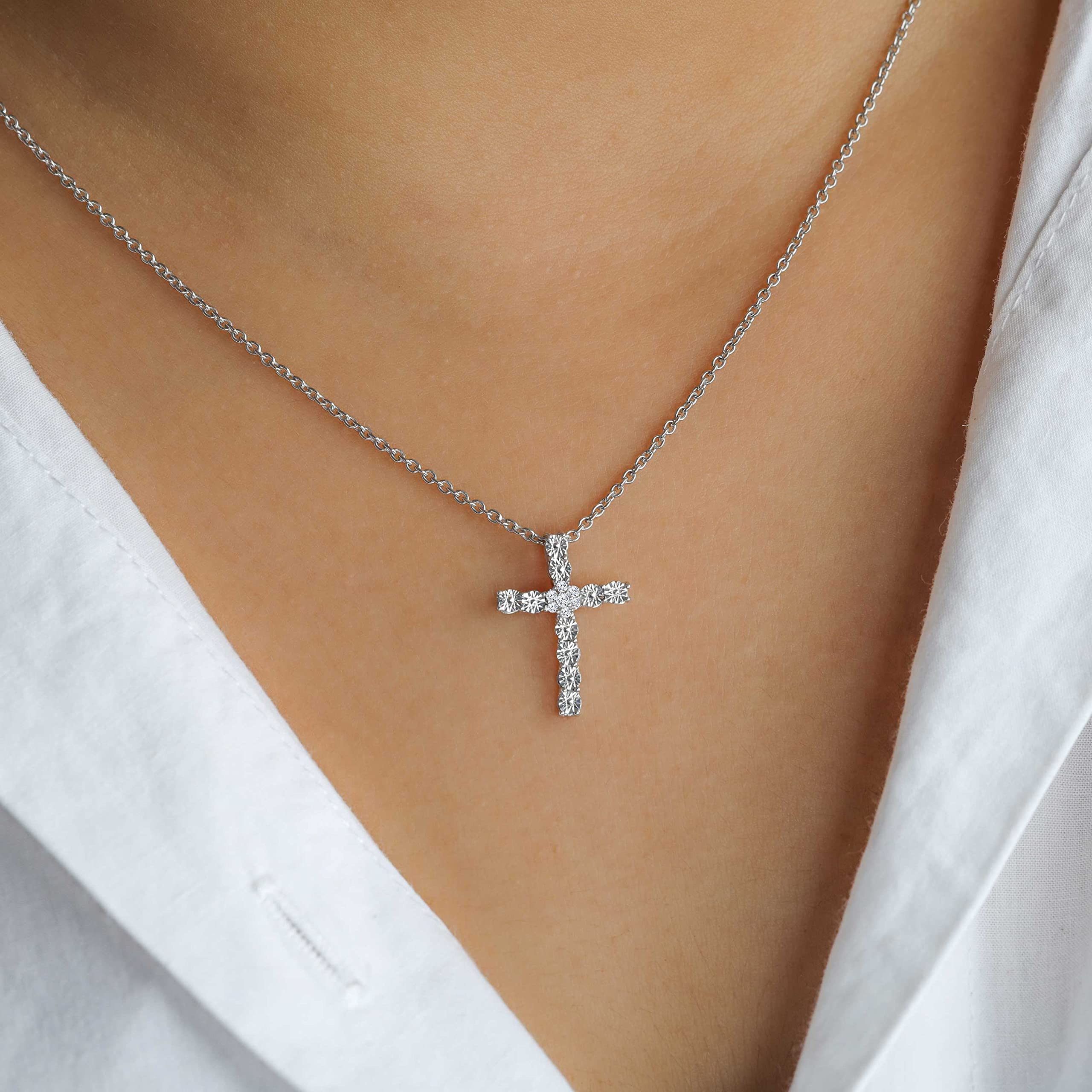 Elmas Round White Diamond Accent 925 Sterling Silver Cross Pendant Necklace for Women
