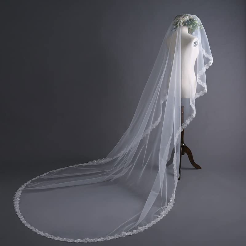 FEER Bride Long Veil Face with Lace Edge Wedding Marriage Hair Accessories (Color : As shown, Size : 300cm)