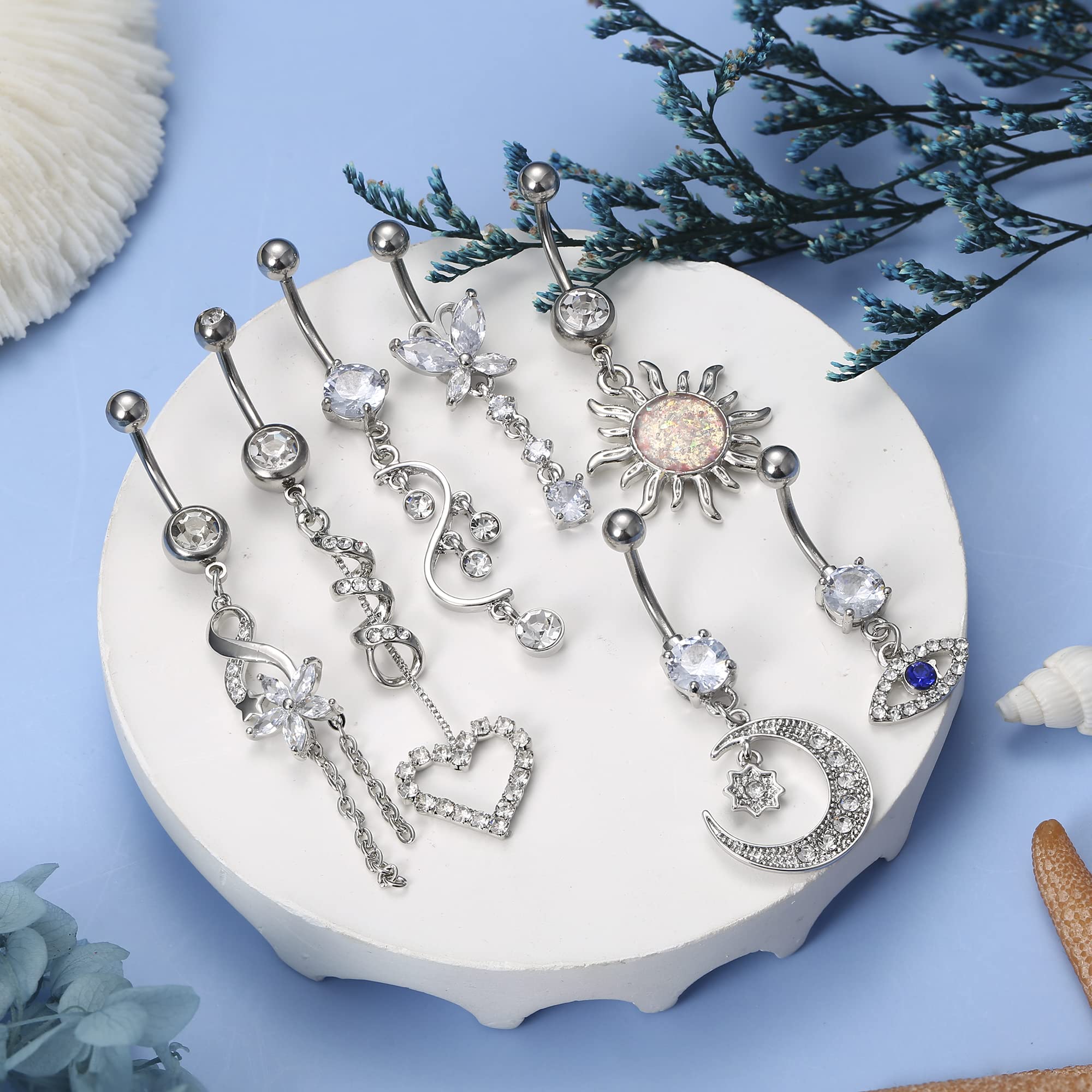 Fansilver 7Pcs 14G Belly Button Rings Dangle 316L Surgical Steel CZ Navel Ring Barbell for Women Butterfly Heart Evil Eye Belly Button Rings Pack
