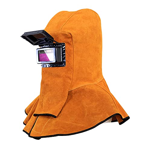 Leather Welding Mask, Leather Welder Hood Leather Mask Welder Helmet with Auto Darkening Filter Lens, Work Cap Welding Helmet, Yellow (Full Face+Neck Shoulder Coverage)