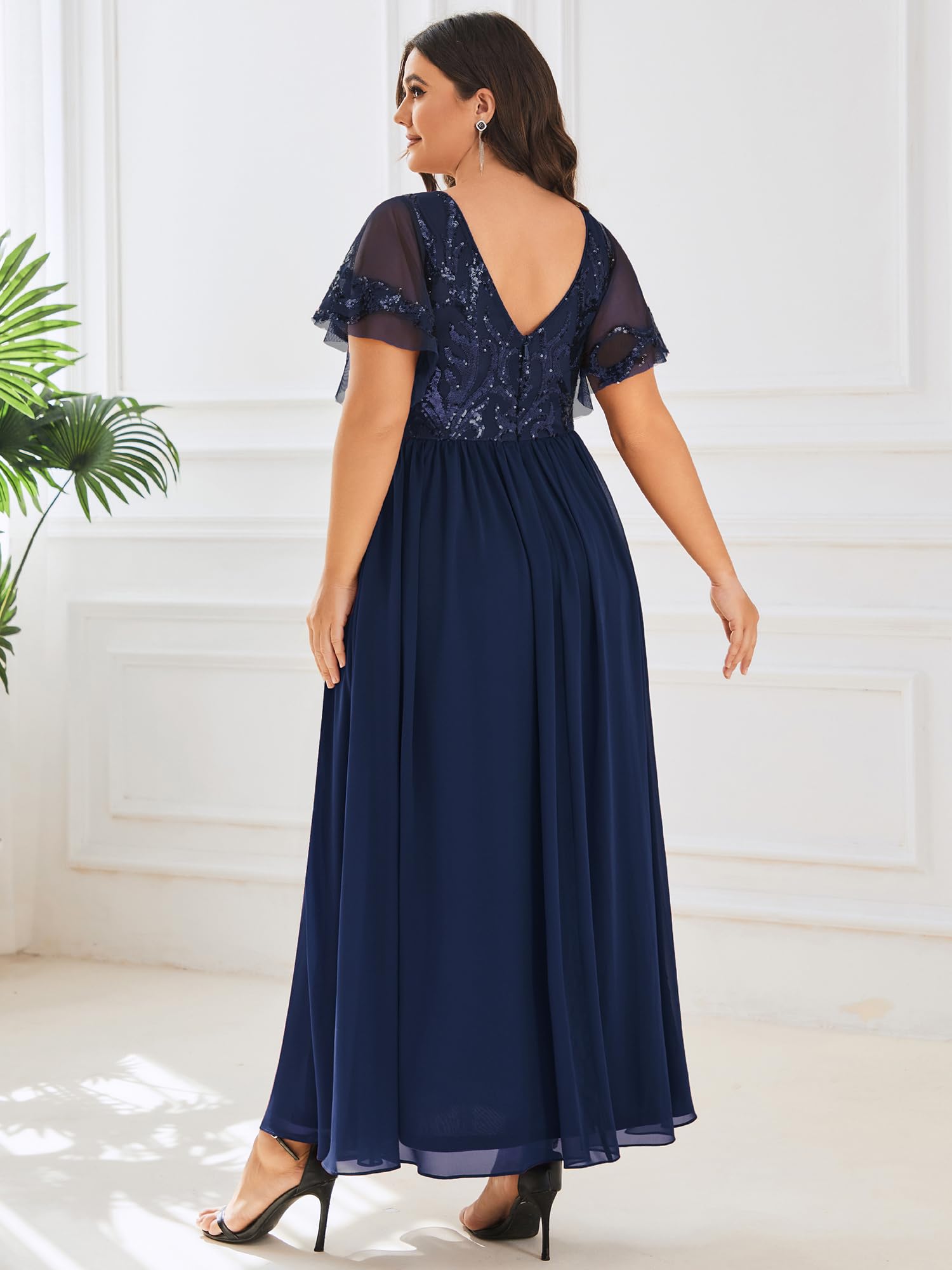 Ever-Pretty Plus Womens Plus Size Backless Ruffles Sleeves Sequin Appliques Maxi Chiffon Formal Evening Dress Navy Blue US26