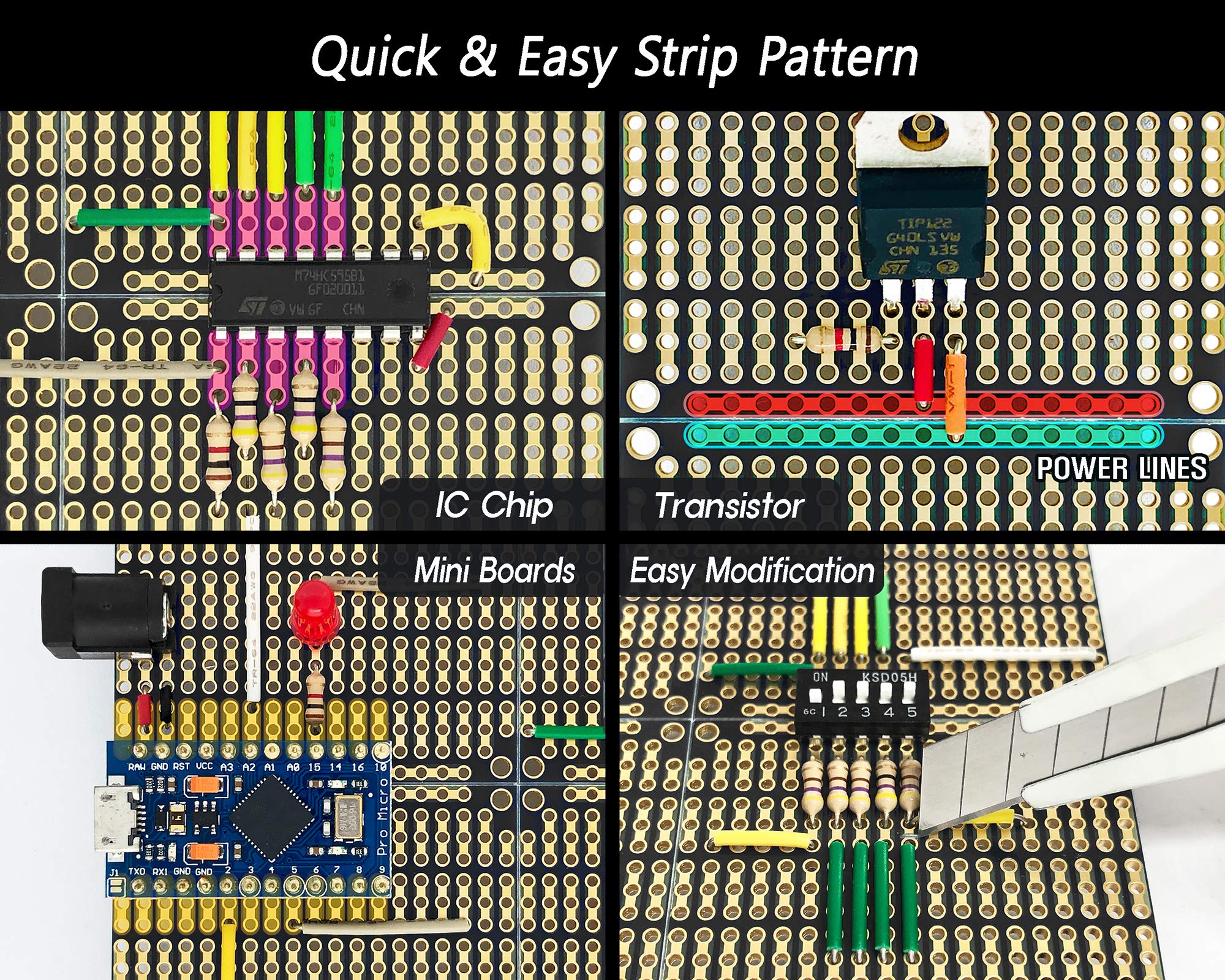 ElectroCookie PCB Prototype Board, Snappable Strip Board with Power Rails for Electronics Projects Compatible for DIY Arduino Soldering Projects, Gold-Plated, 3.8"x3.5" (2 Pack, Matte Black)