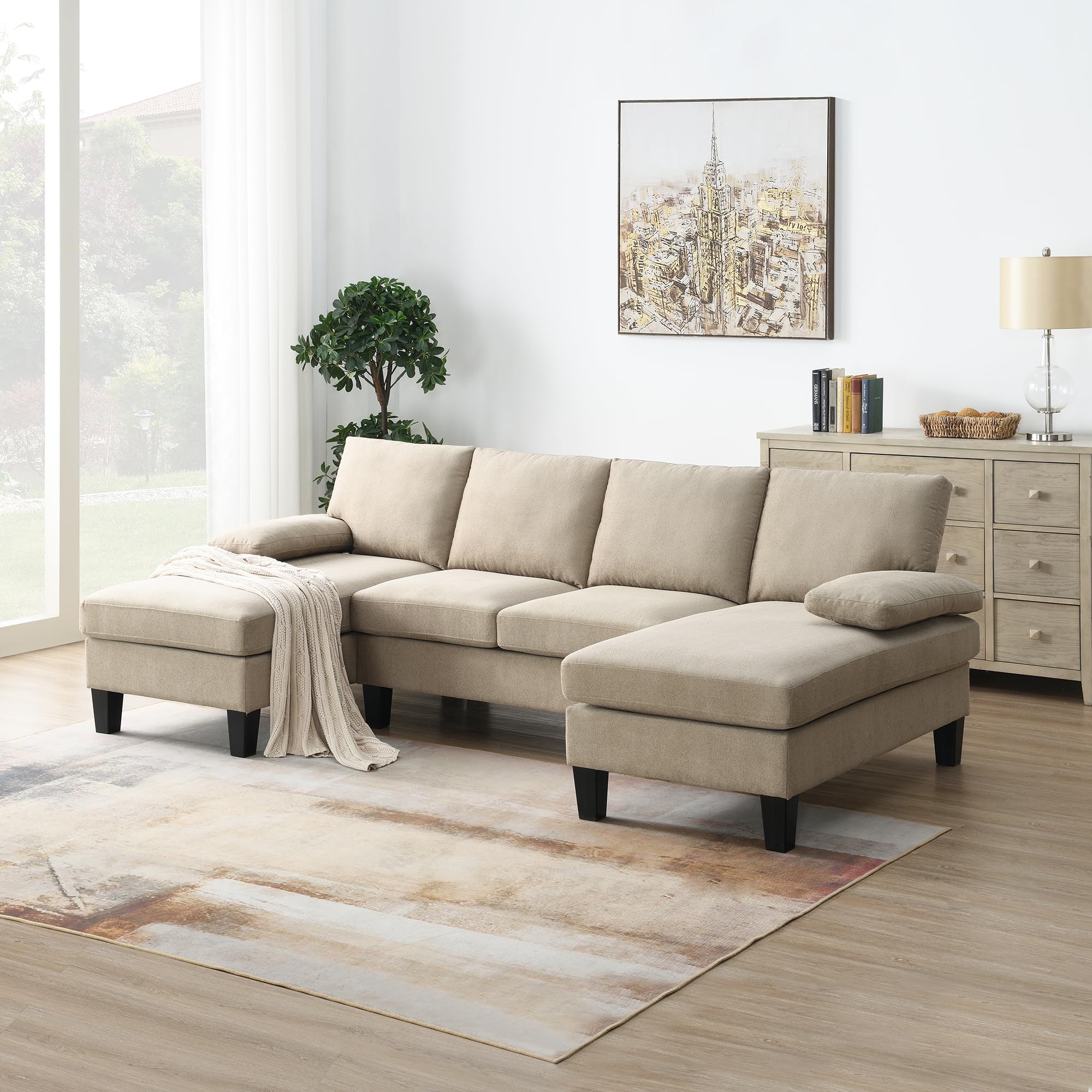 LULUTONG U-Shape Convertible Sectional Sofa Couch 4 Seat Sofa Set for Living Room Modern Chenille Fabric Modular Sofa Sleeper with Double Chaise (Beige)