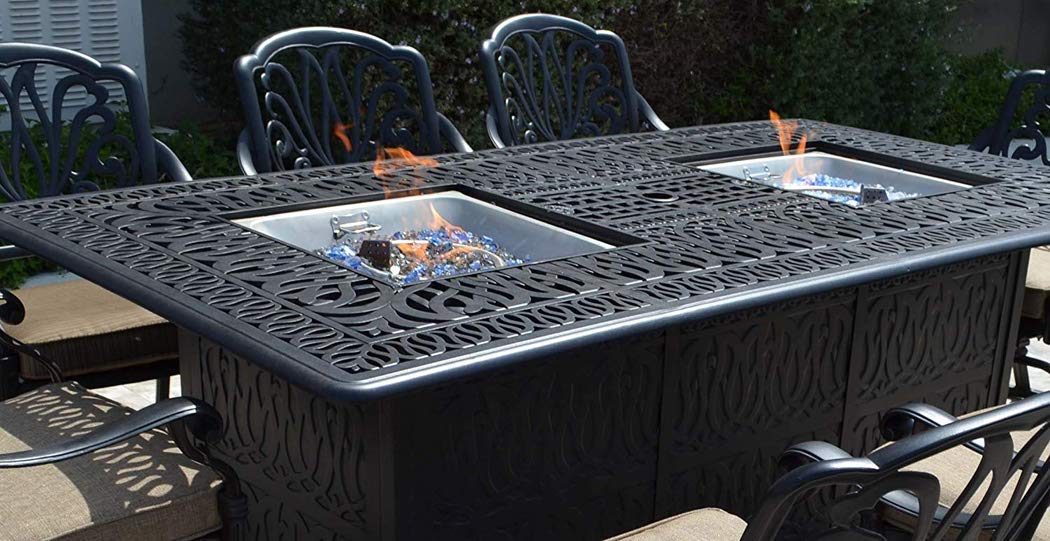 Sunvuepatio 7 Piece Outdoor Cast Aluminum Dining Set with Fire Pit Table All Swivel Rocker Chairs.