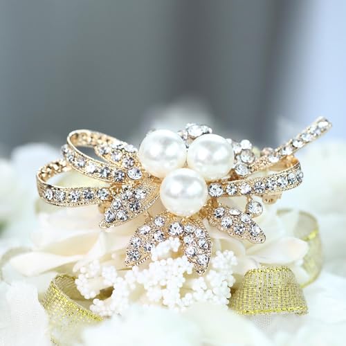 Efavormart 5 Pcs Assorted Gold Plated Pearl and Rhinestone Crystal Rhinestone Brooches Floral Sash Pin Brooch Bouquet Decor