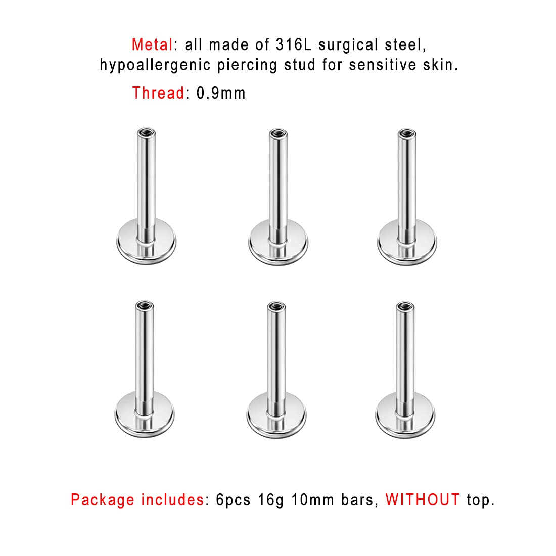 FANSING 6pcs 16g 10mm Silver Surgical Steel Internally Threaded Labret Post Without End