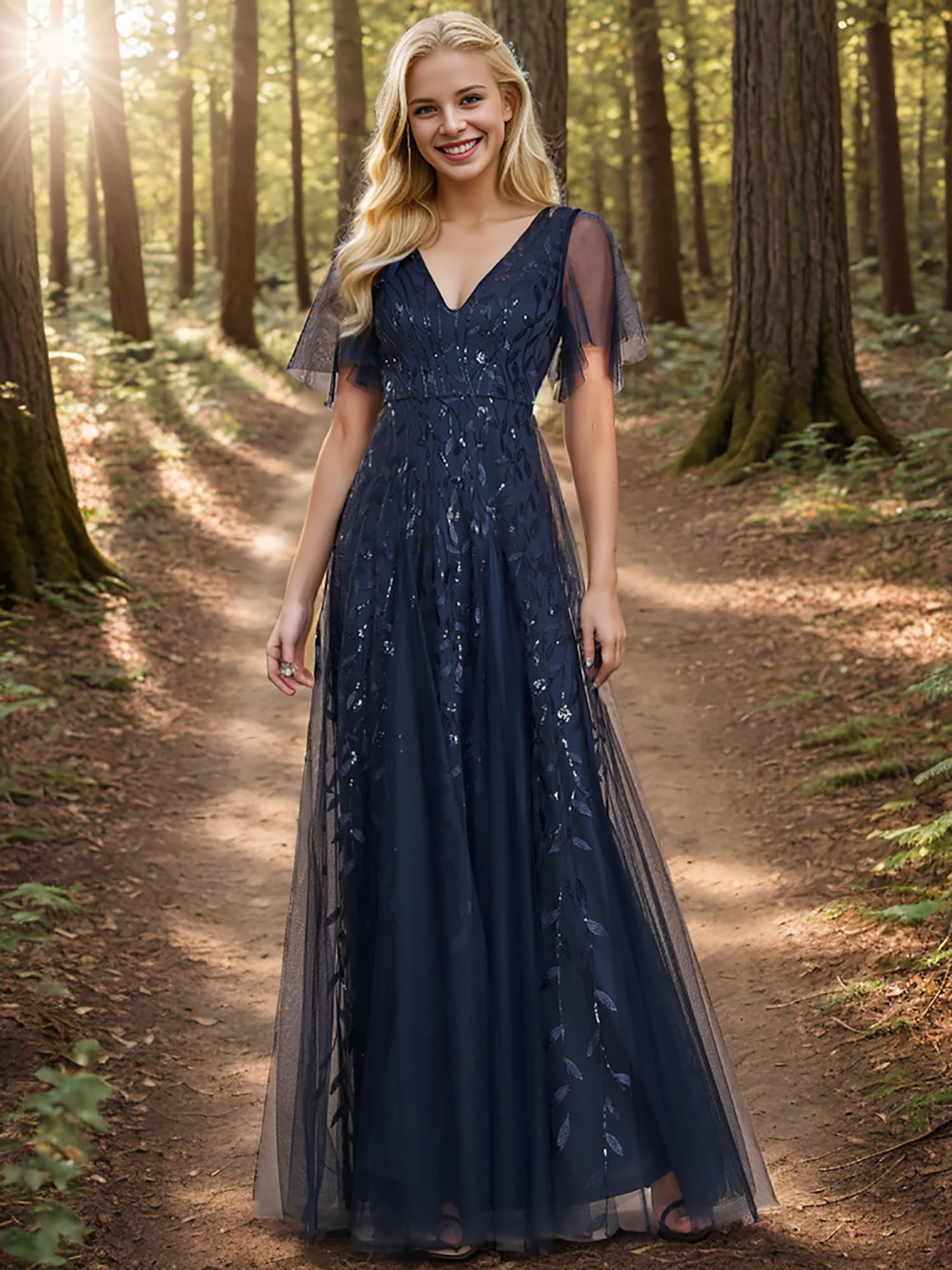 Ever-Pretty Women's Sequin Sparkly V-Neck Short Sleeve Maxi Evening Dress Prom Gowns Navy Blue US10