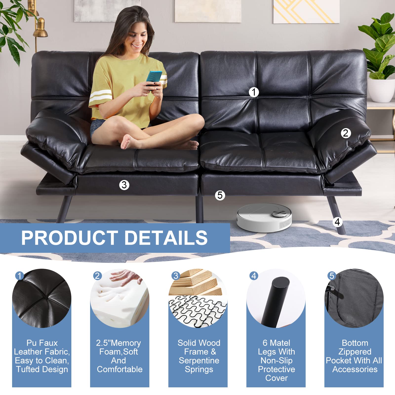 MUUEGM Futon Bed Couch Faux Leather Convertible Sleeper,Memory Foam Modern Love seat with Adjustable Arm&Back,for Living Room,Office,Small Space,Dorm,Apartment Sofabed, Black Sofa-New