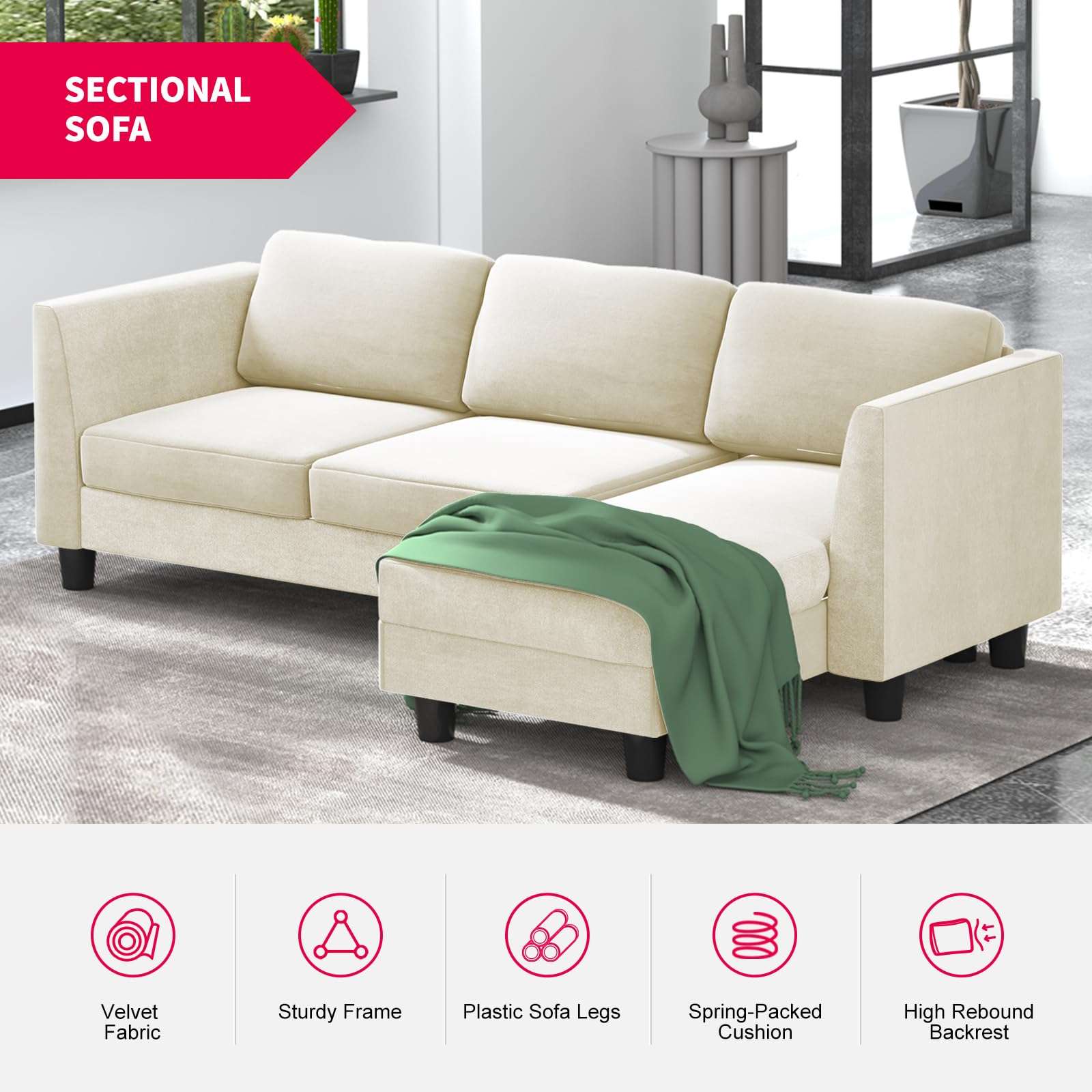 MUZZ 87'' Modern L-Shaped Sofa,Velvet Oversize Sectional Sofa with High-Density Sponge,Sectional Couch Sofa with Reversible Chaise for Couches for Living Room, Apartment,Beige