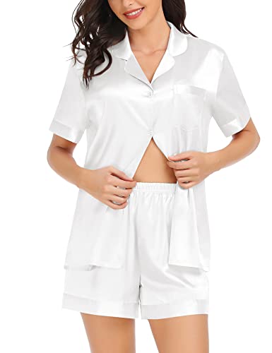 SWOMOG Couple Matching Pajamas Set Satin Short Sleeve Sleepwear Silky Pj Set for Women Button-Down Two-Pieces Nightwear