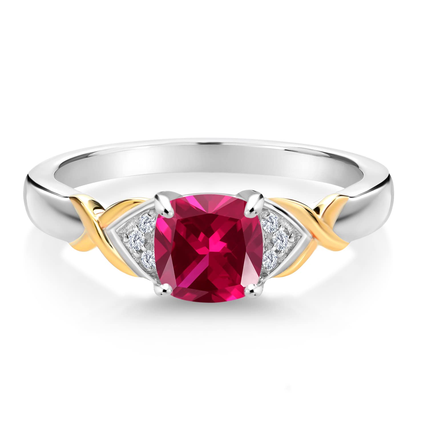 Gem Stone King 925 Sterling Silver and 10K Yellow Gold Red Created Ruby and White Lab Grown Diamond Engagement Ring For Women (1.03 Cttw, Cushion 6MM, Available In Size 5, 6, 7, 8, 9)