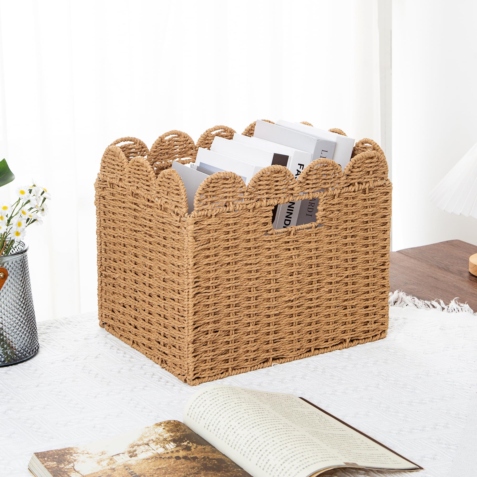 Paper rope Storage Baskets,Wicker Baskets,Folding 2 Packs Handmade Woven baskets, paper rope Basket For Shelf,Seagrass Baskets,Shelf Baskets For Storage Toys Books And Clothes.