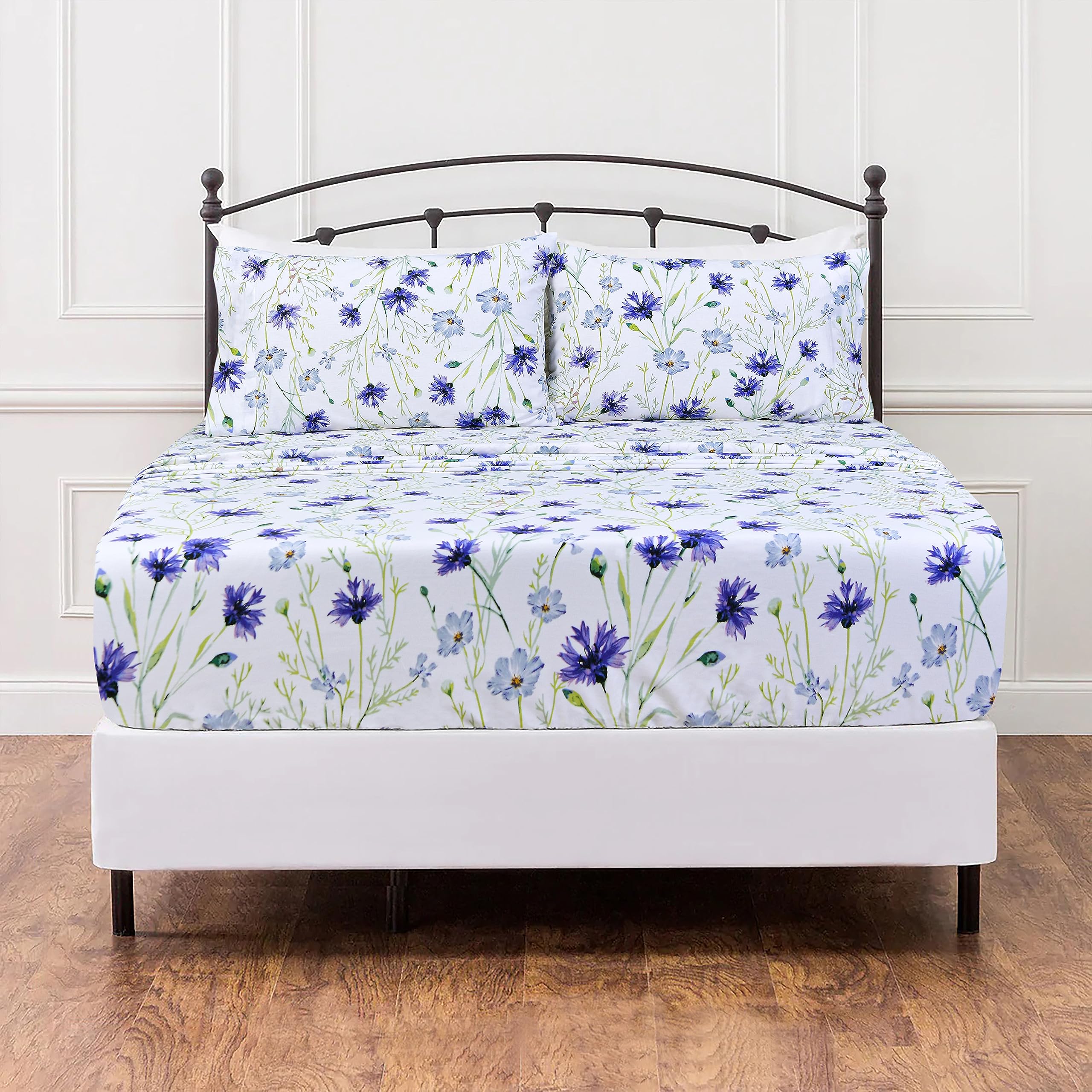 EnvioHome Queen Sheet Set, 4-Piece Natural 100% Cotton Sheets Queen Size, Ultra Soft Light Breathable Luxury Percale Weave Floral Bed Sheets for Queen Size Bed, 16" Deep Pocket Queen Sheets, Lavender