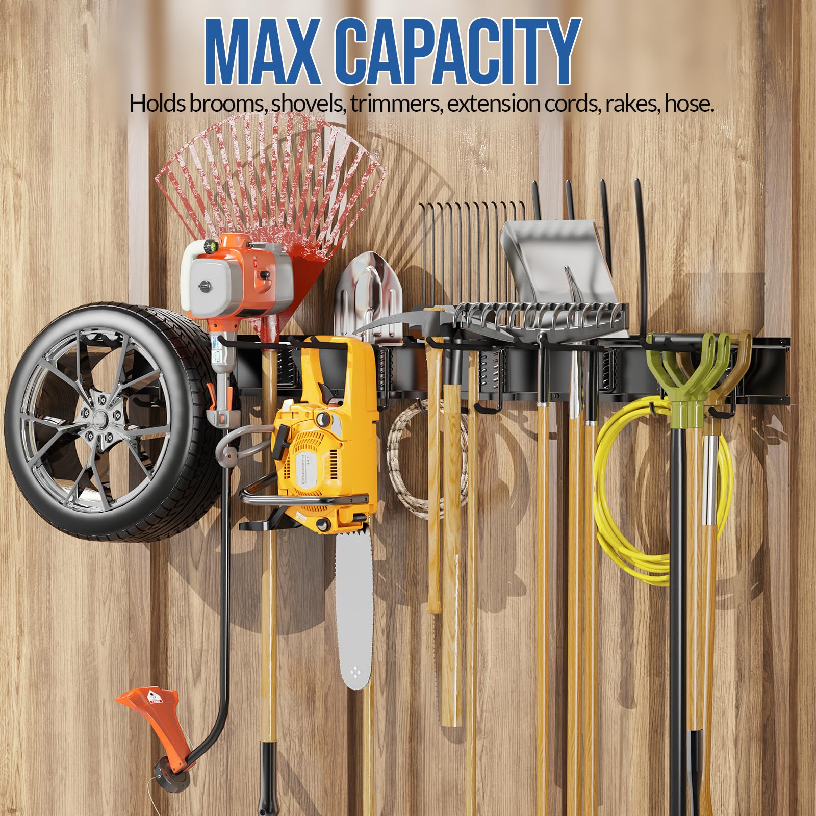 Volitaous 64Inch Garden Tool Organizer for Garage, Heavy Duty Garage Storage Rack, Adjustable 12PC Wall Hook for Yard Tool Organizer, Garden Tool Rack Max 400Lbs