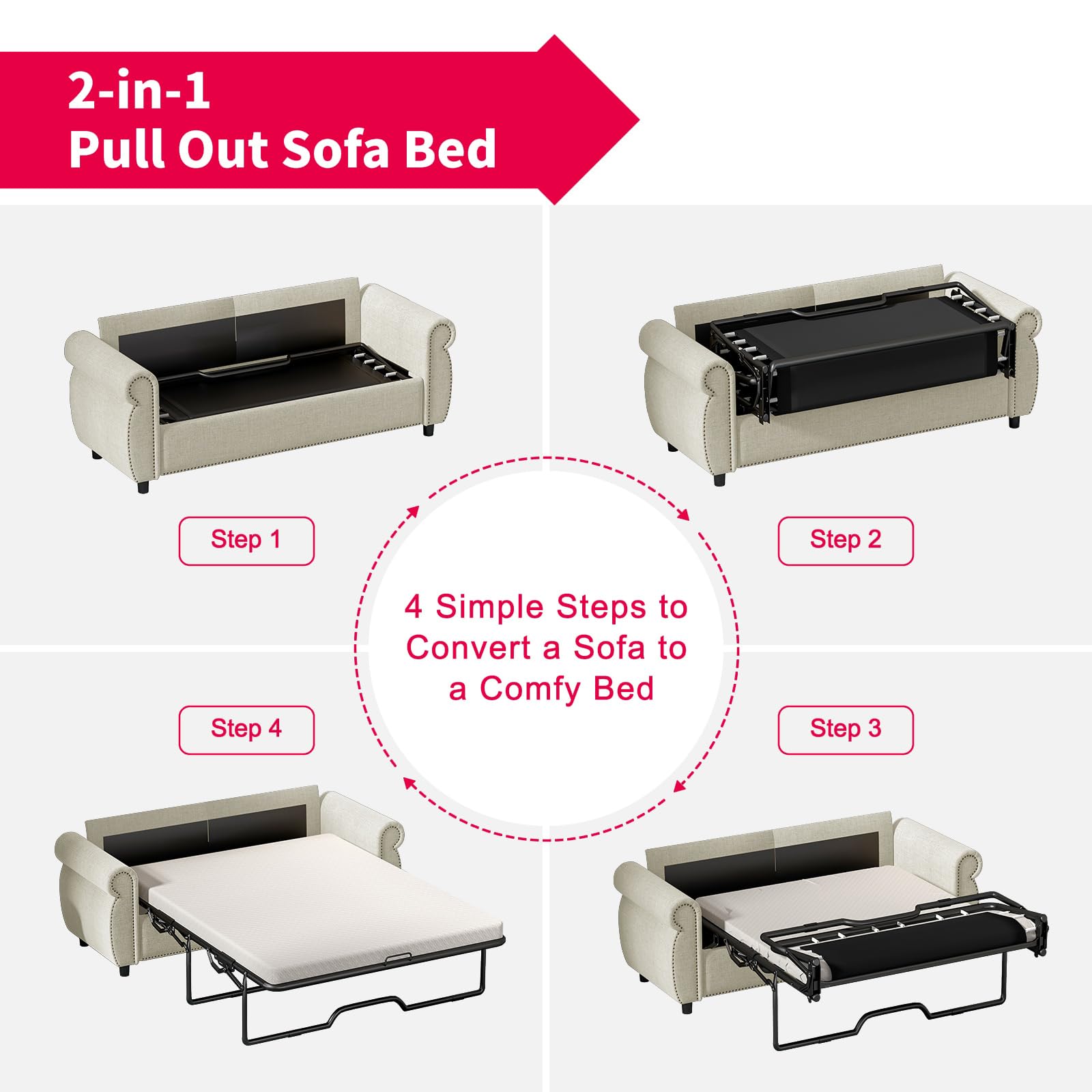 MUZZ Pull Out Sofa Bed, Full Sleeper Sofa Couch with 4" Thick Memory Foam Mattress, Modern Linen Sectional Loveseat with Rivet Decoration, Pull Out Couch for Living Room,Office(Grey,Full)