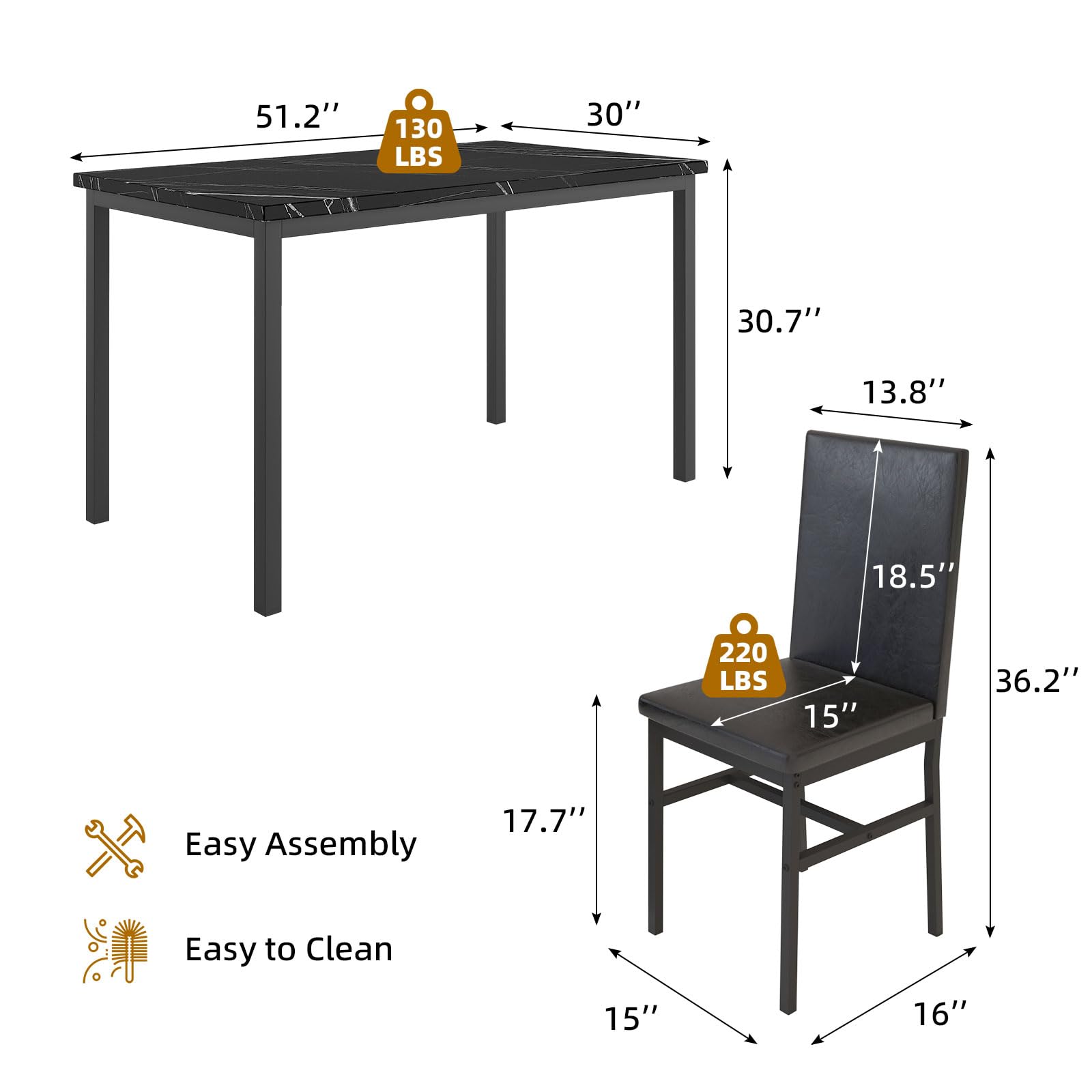 Dining Table Set for 6, Kitchen Table with 6 Chairs,Faux Marble Tabletop & 6 Leather Upholstered Chairs for Dining Room,Kitchen, Dinette, Breakfast Nook(Black)