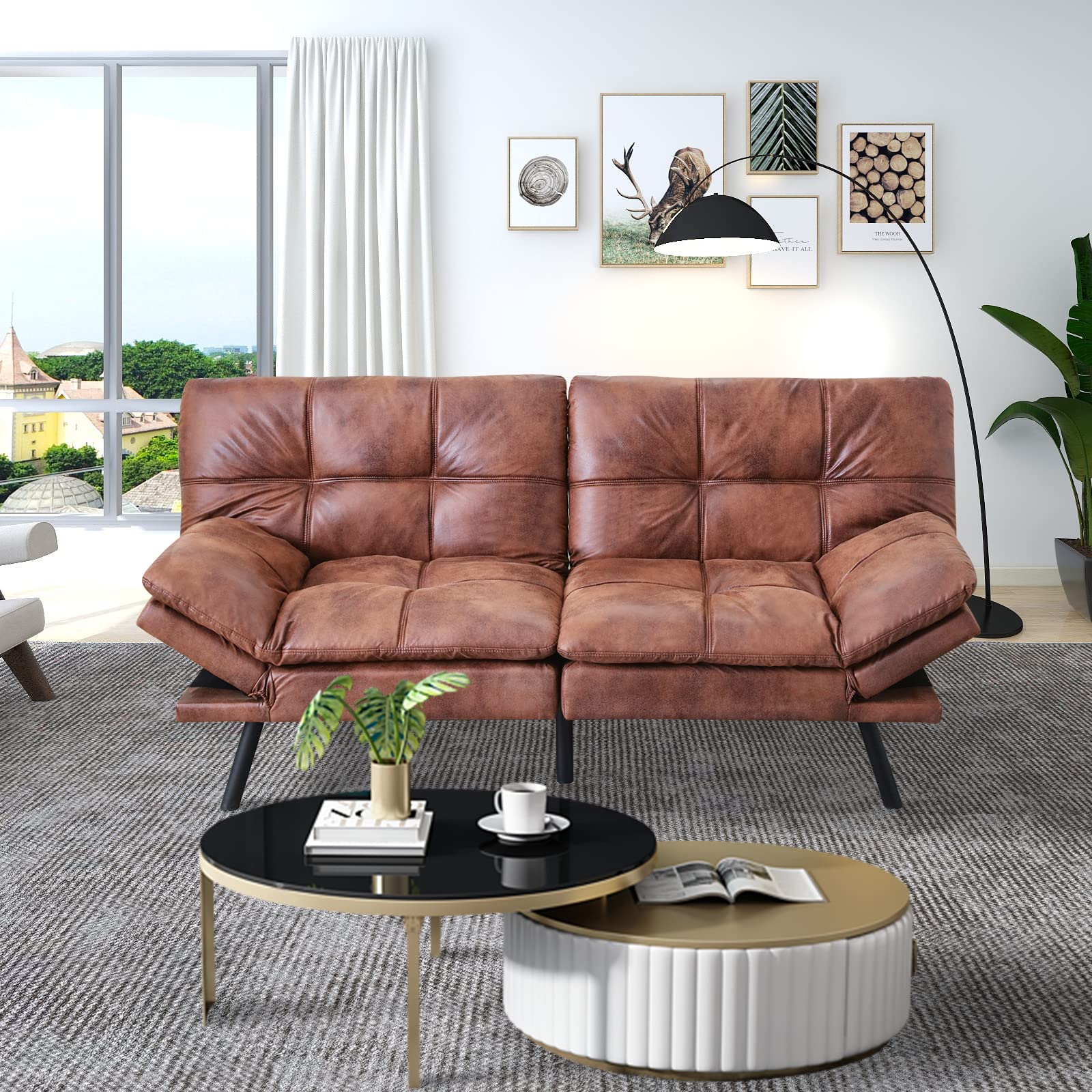 MUUEGM Futon Couch Bed Sleeper Convertible Modern Memory Foam Love seat,Faux Leather Foldable Daybed for Living Room Office Apartment,Adjustable Armrest&Backrest Sofas, Light Brown