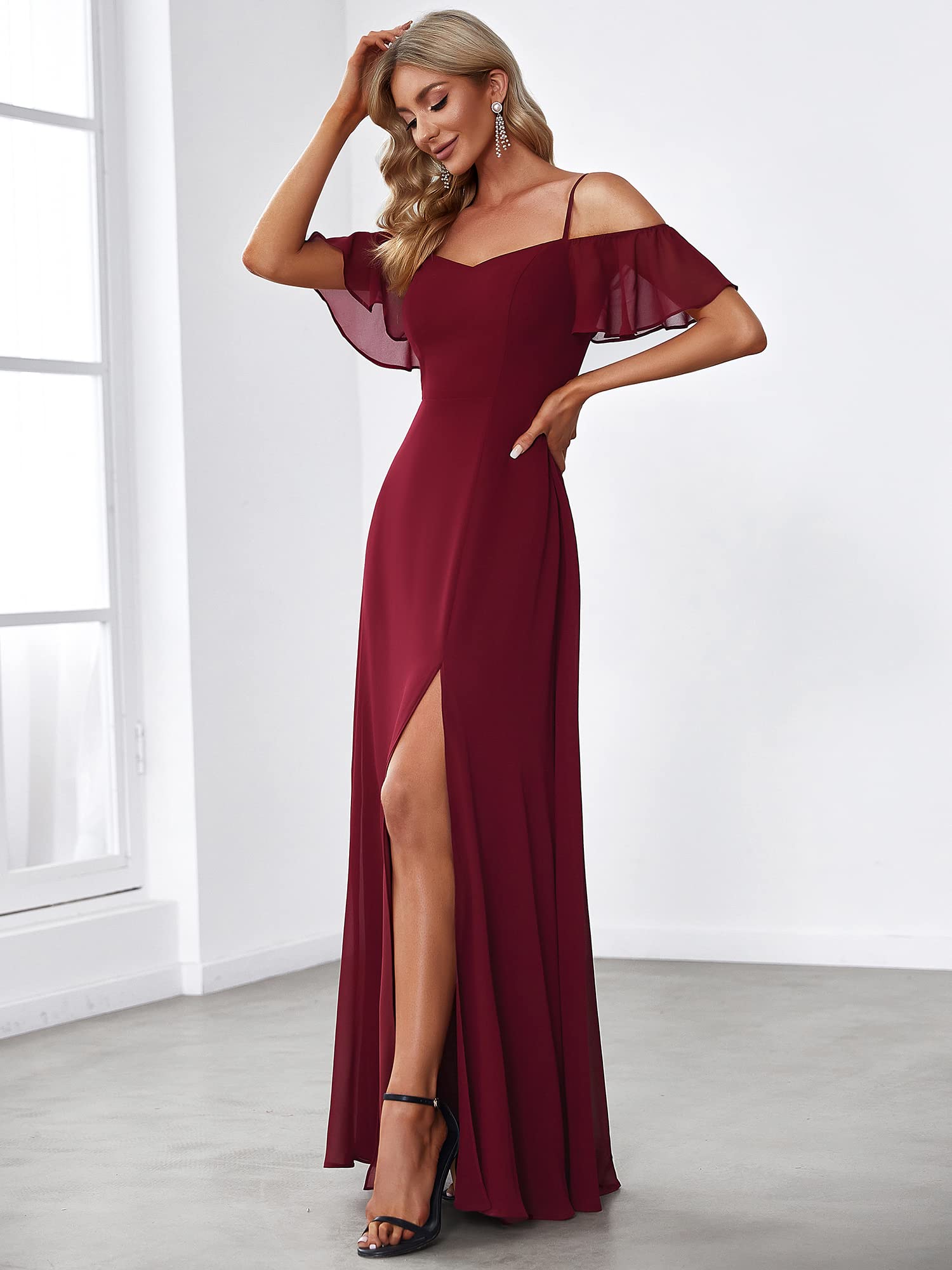 Ever-Pretty Women's Formal Dresses Off Shoulder Short Sleeve Split A-Line Floor Length Bridesmaid Dresses Burgundy US20