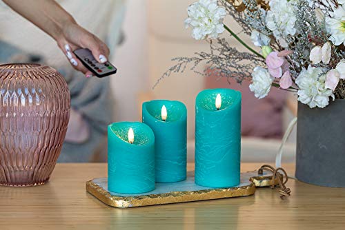 Set of 3 Realistic Flameless Turquoise LED Candles with Remote Control - 4'' 5'' 6'' Electric Wickless Pillar Battery Operated Candles with Flickering Flame Timer