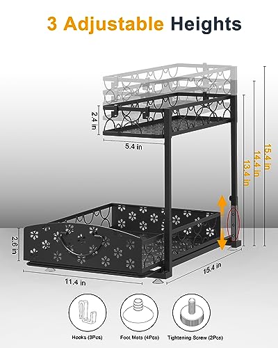 MHHA Under Sink Organizer,Adjustable Height Metal Under Kitchen Cabinet Organizer,2-Tier Sliding Shelf Storage,Multi-Use for Under Kitchen Bathroom Sink Organizers and Storage,Black