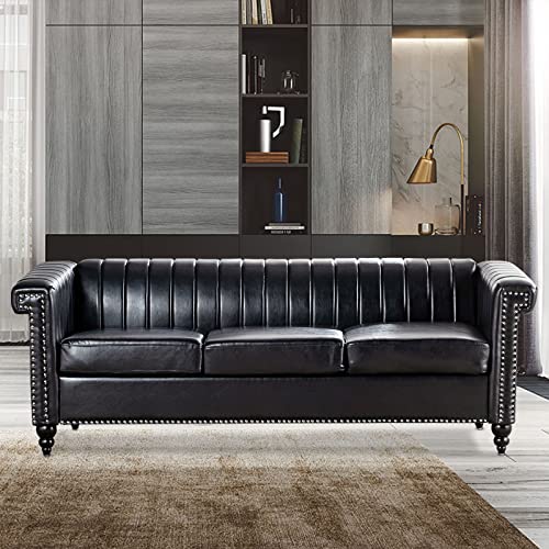 KUVENQIW Black Couches for Living Room Faux Leather Sofa Classic Large 3 Seater Couch Mid Century Modern Couch Deep Stripe Tufted Sofa for Bedroom, Office, Apartment.(Black)