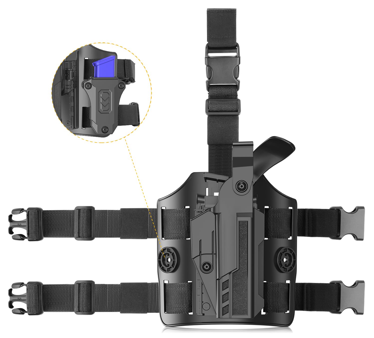 Drop Leg Holster, G19 Level II Tactical Gun Holster Leg Harness Thigh Pistol Holster for Glock 17 19 19X 23 32 44 45 GEN 1 2 3 4 5, Adjustable Duty Holster, Right Handed