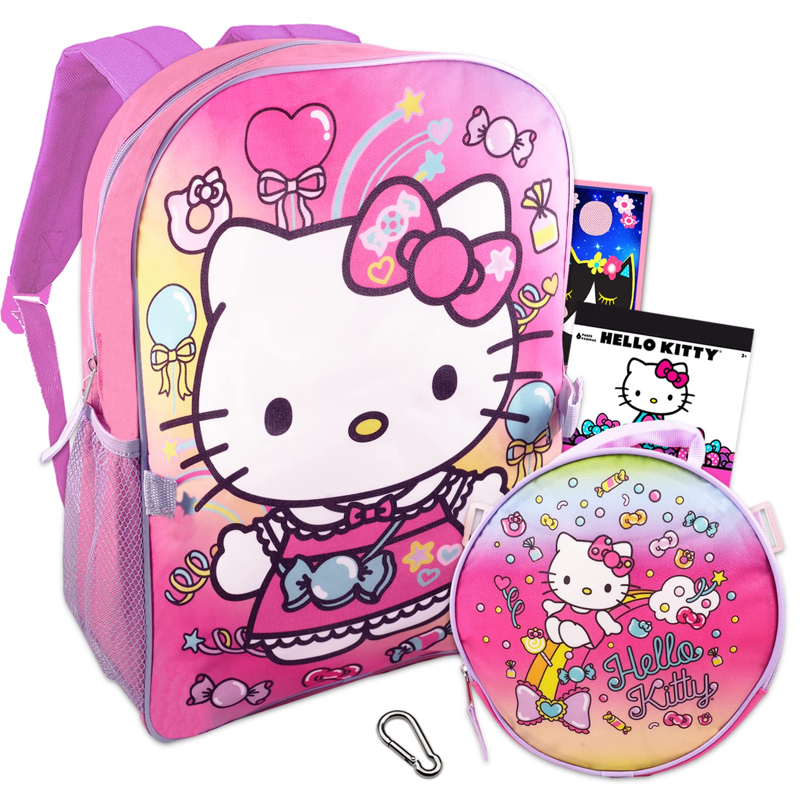 Hello Kitty Backpack Lunch Box for Girls, Kids ~ 4 Pc Bundle with 16" Pink Hello Kitty School Bag, Lunch Bag, Stickers, More (Hello Kitty School Supplies Stuff)