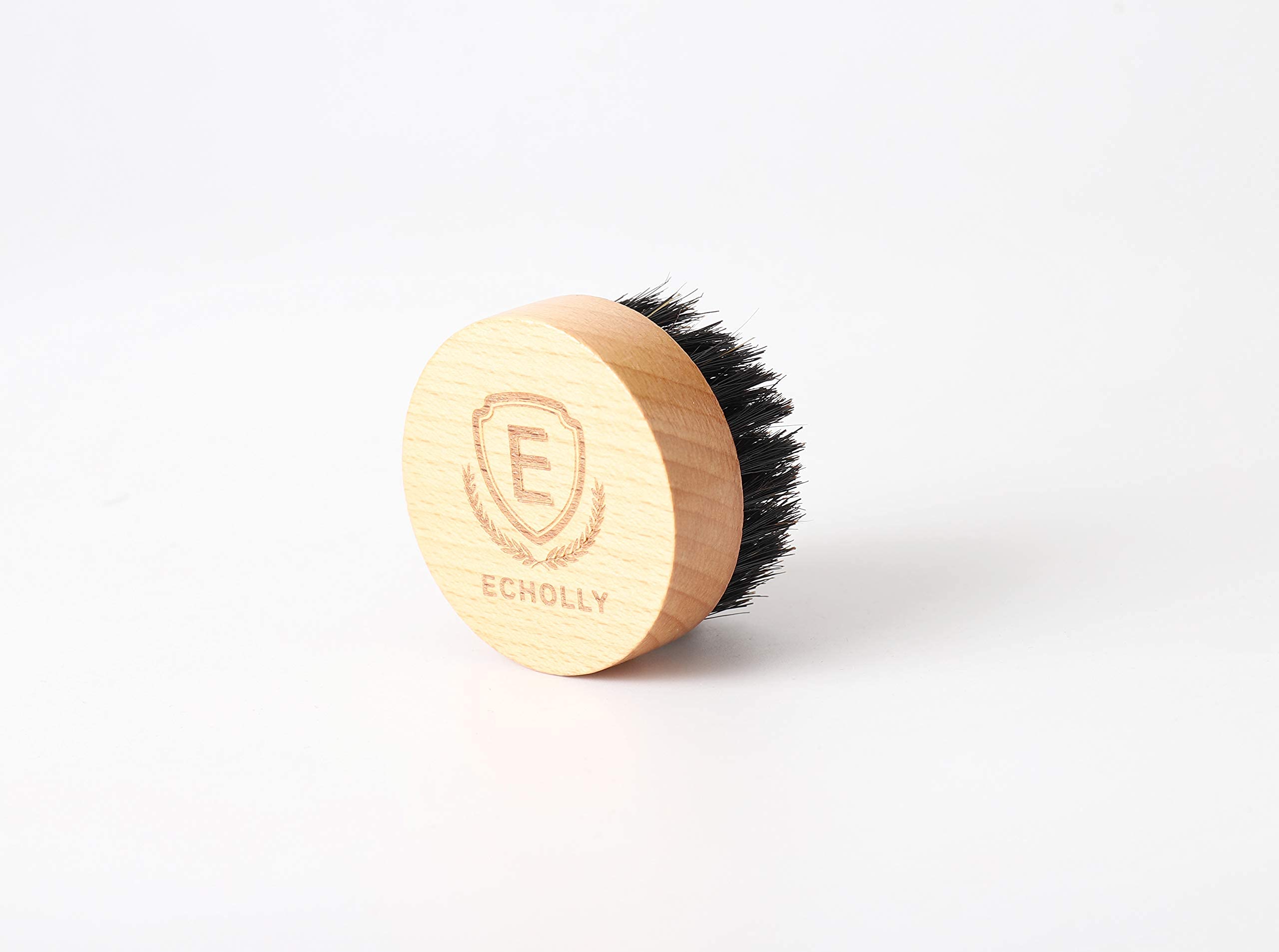 ECHOLLY Wood Beard Brush for Men - Boar Bristles Small and Round - Beard Balm and Beard Oil Application Brush