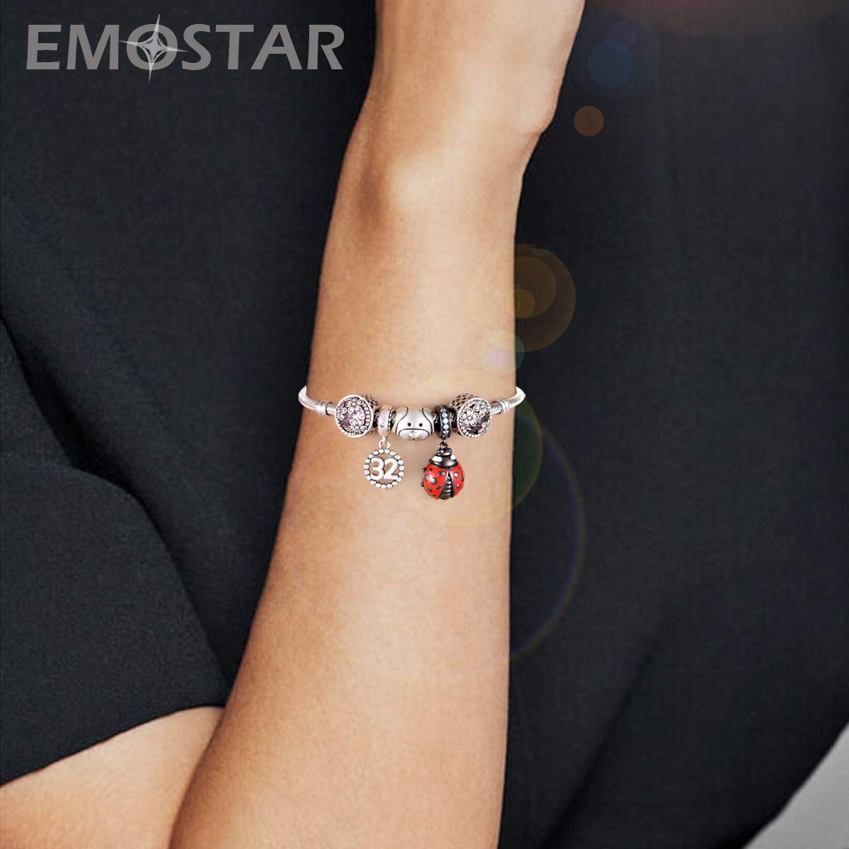 EMOSTAR Dangle Gun Black Ladybug Charms fits Pandora Christmas Bracelet, 925 Sterling Silver Ladybird Beetle Beads Lady Bug Pendant with Red Wings Enamel, Gift for Insect Lover/Women