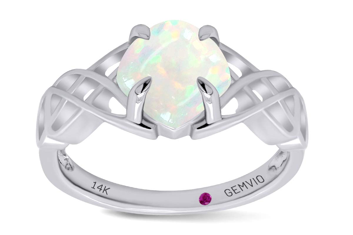 Gemvio Collection 1 CTTW 7MM Cushion Cut Natural Opal Gemstone Solitaire Celtic Knot Promise Engagement Ring In 14K Solid White Gold Jewelry For Women Ring Size-8