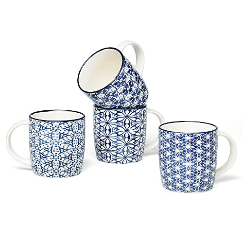 Set of 4 12 oz Coffee Mugs with Blue and White Geometric Patterns, Ceramic Tea Cup Set, Gift for Friends (Set 1)