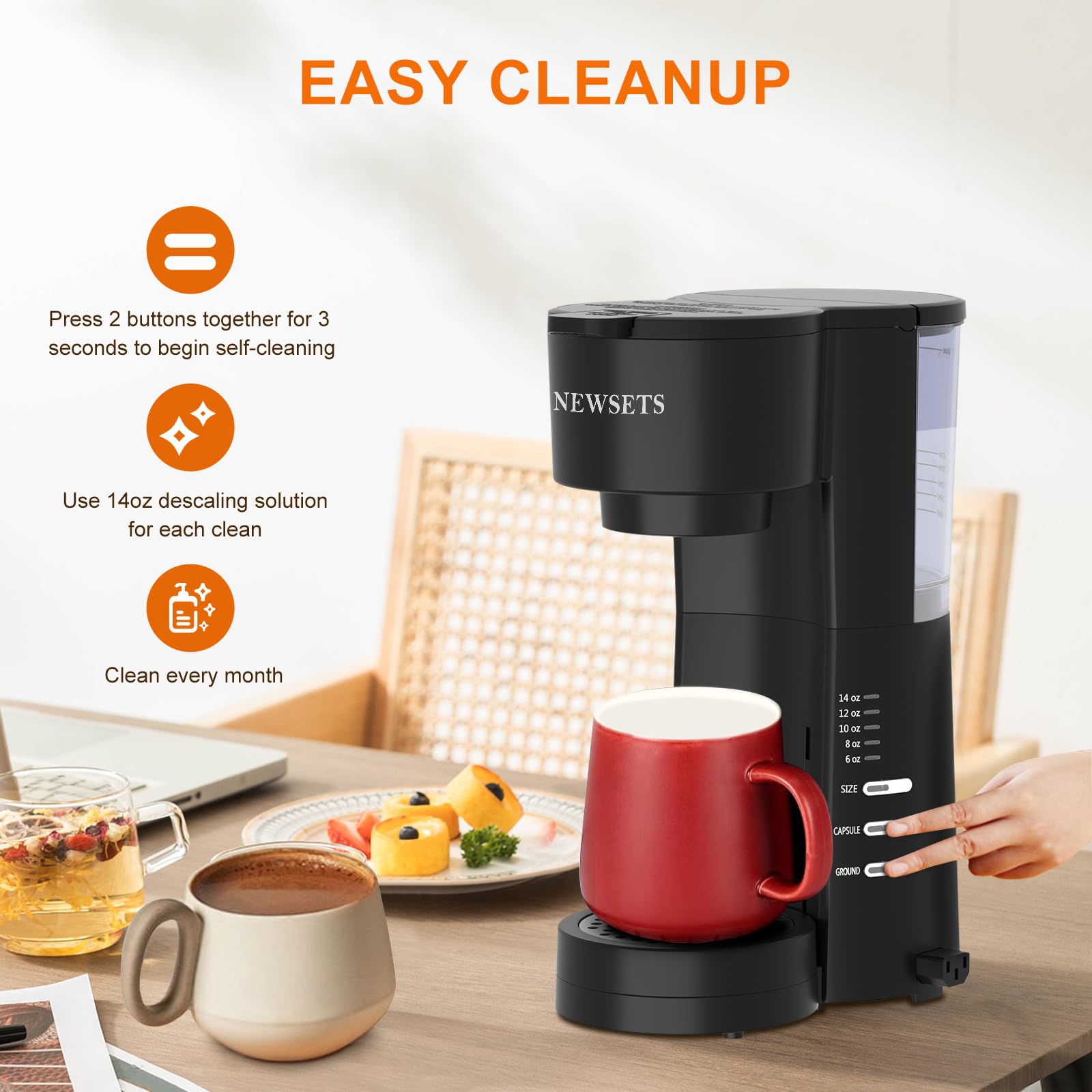 NEWSETS Single Serve Coffee Maker for K Cups and Ground Coffee, 4 in 1 Coffee Machine with Grinder and Milk Frother, 6 to 14oz Brew Sizes, 28oz Removable Water Reservoir, Self-cleaning Function, Black