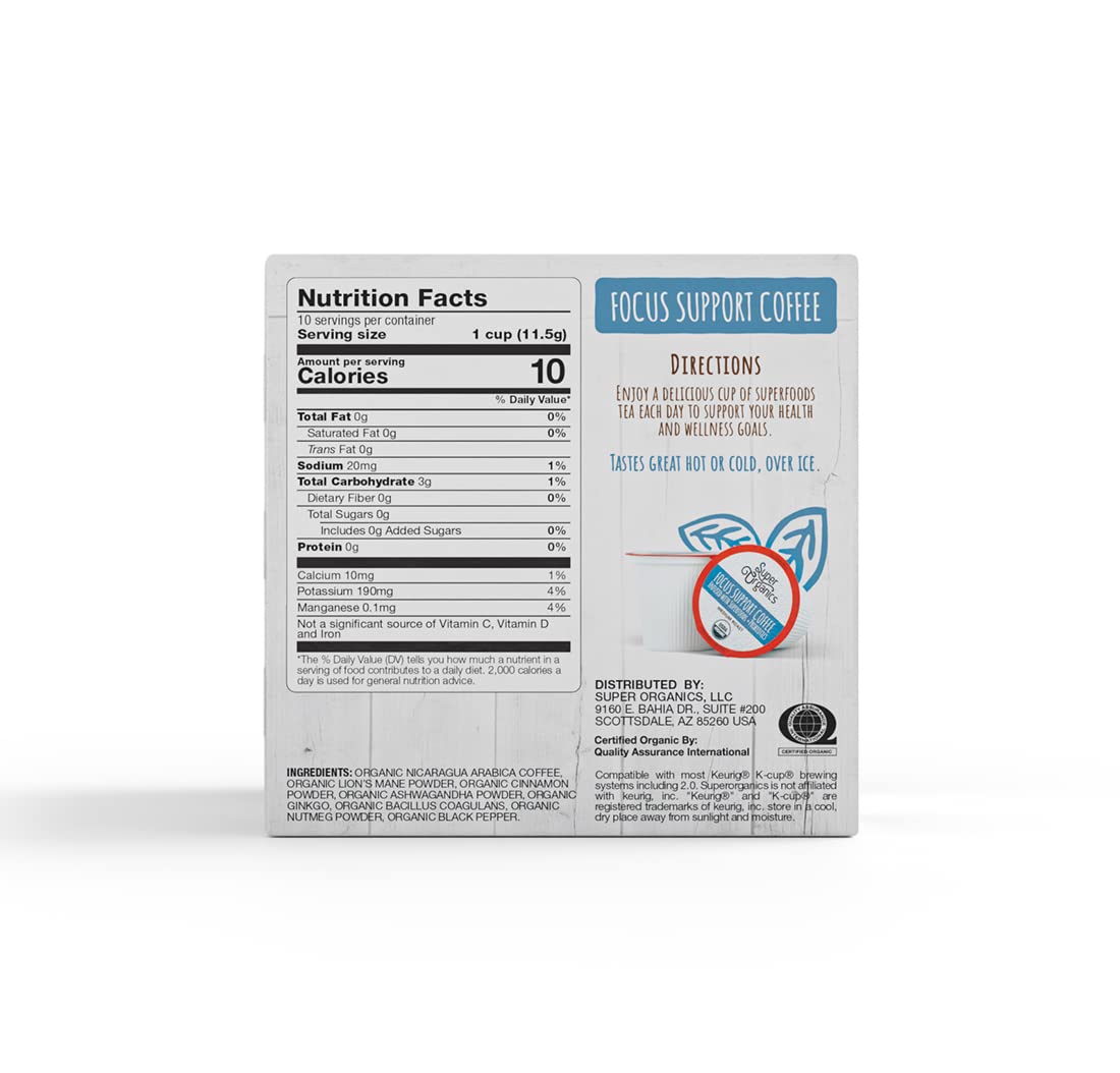 Super Organics Focus Support Coffee Brew Cups With Superfoods & Probiotics, Keurig K-Cup Compatible, Adaptogens, Medium Roast, USDA Certified, Vegan, Non-GMO, 10 count