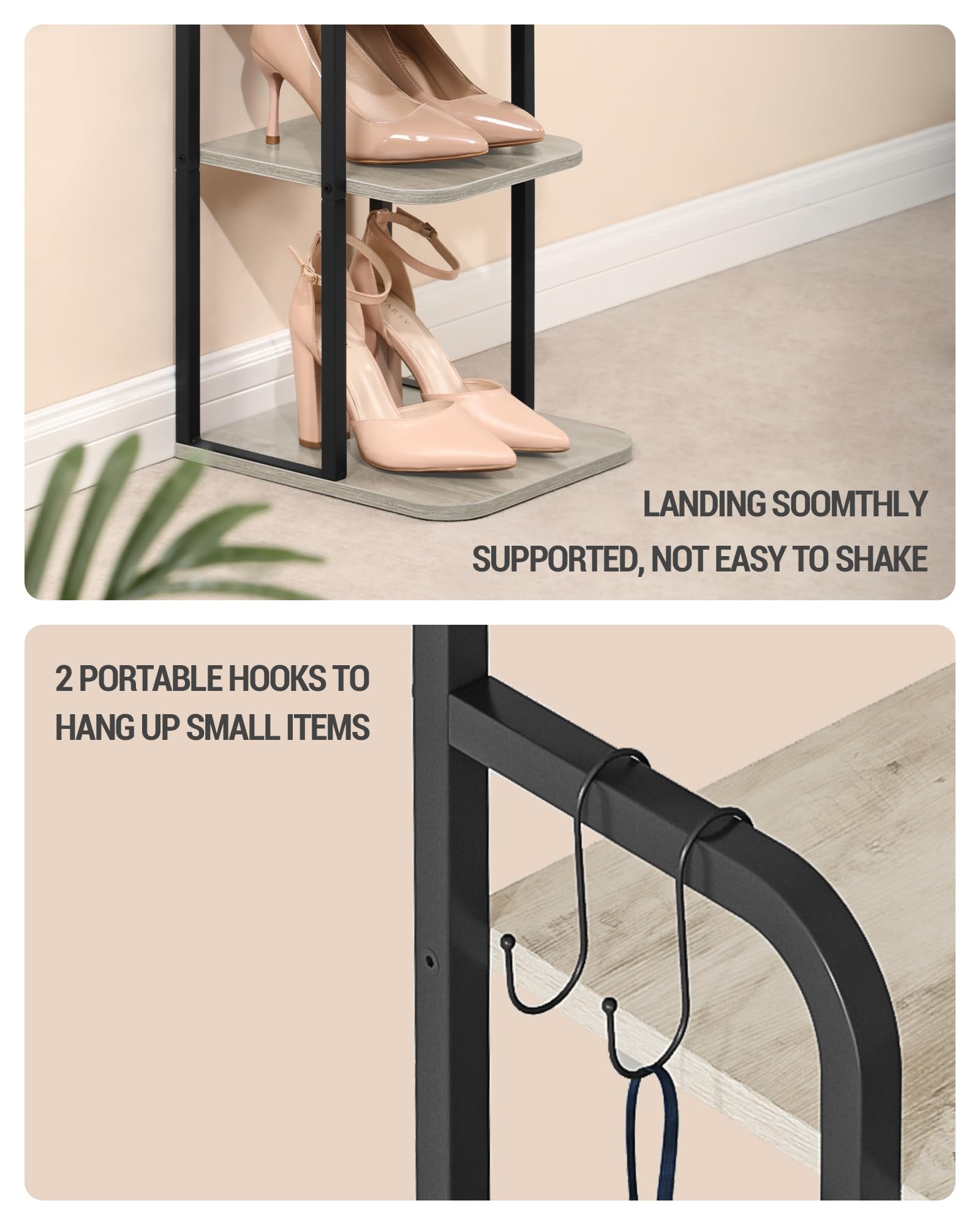 Hzuaneri Vertical Shoe Rack, Shoe Shelves, Wood Shoe Organizer for Closet, Entryway, Shoe Tower for Small Spaces, Free Standing, Adjustable, with 2 Hooks, 7 Tier Greige SR20205B