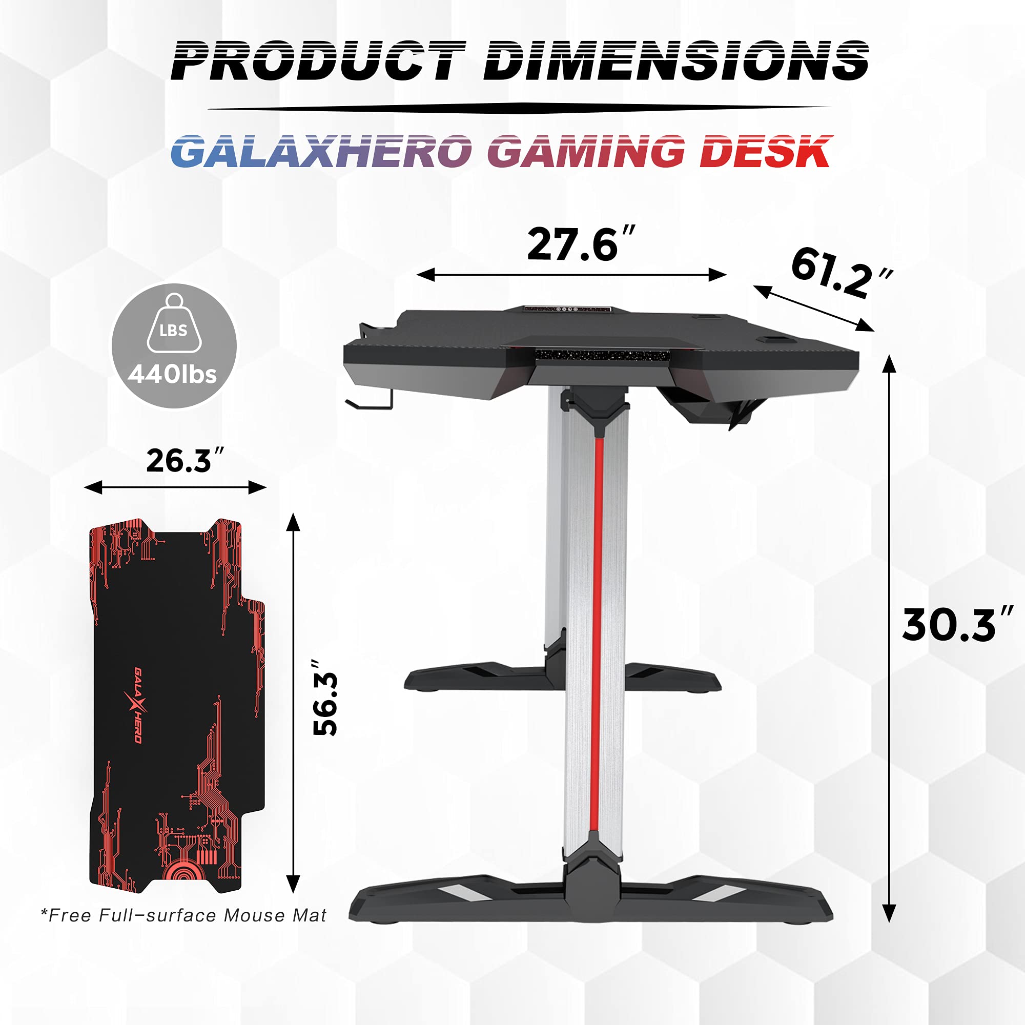 GALAXHERO Ultimate 61“Large Gaming Desk with 22 Modes RGB LED Light, Professional Gamer Computer Desk with Headphone&Cup Holder, Home Office PC Workstation, Full-Surface Cloth Mouse Pad, Black, GX-D