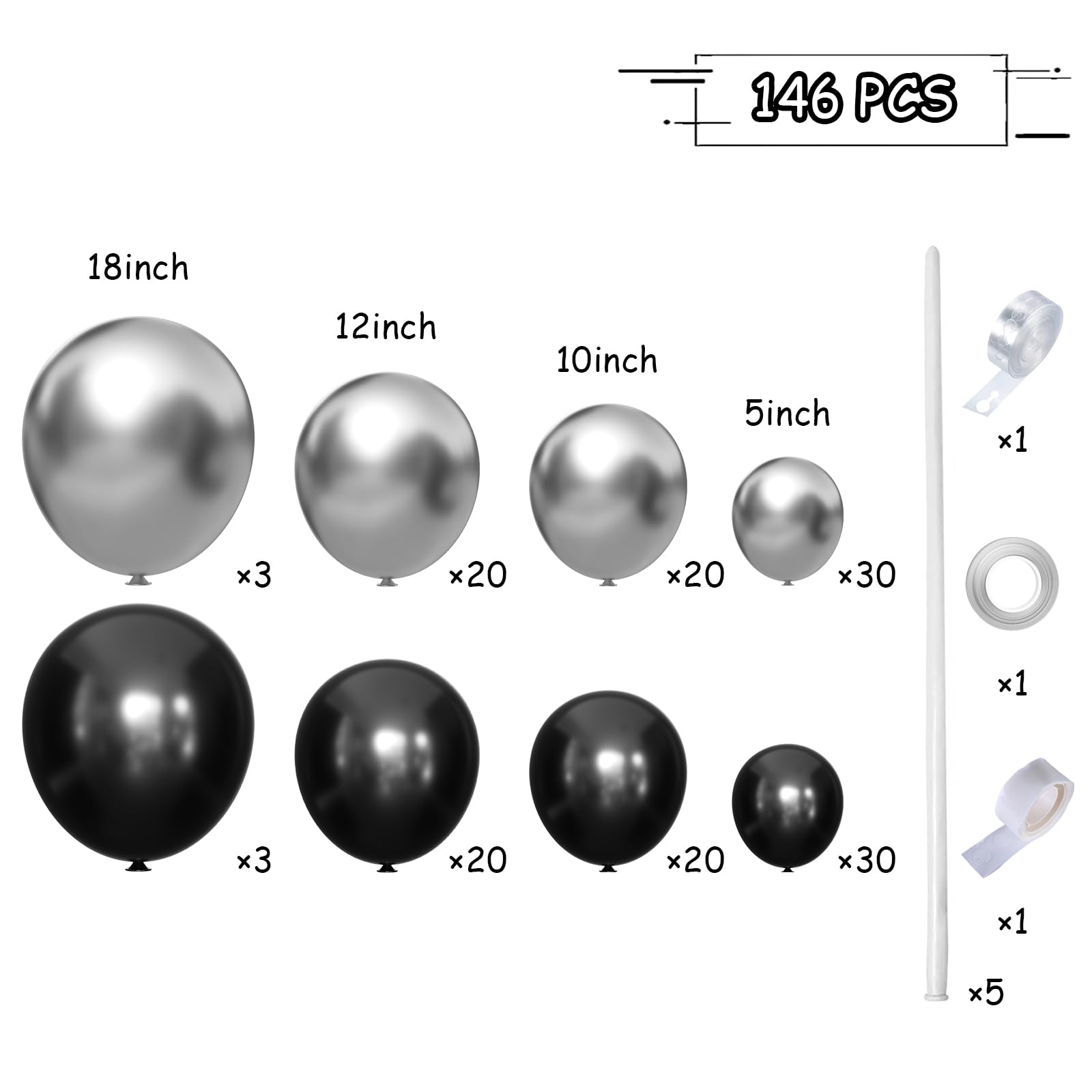 MEBAY Black Silver Balloons Garland Arch Kit, 146Pcs Latex Balloons Different Sizes 18 12 10 5 Inch for Party Decorations, Wedding Backdrop, Birthday, Graduation