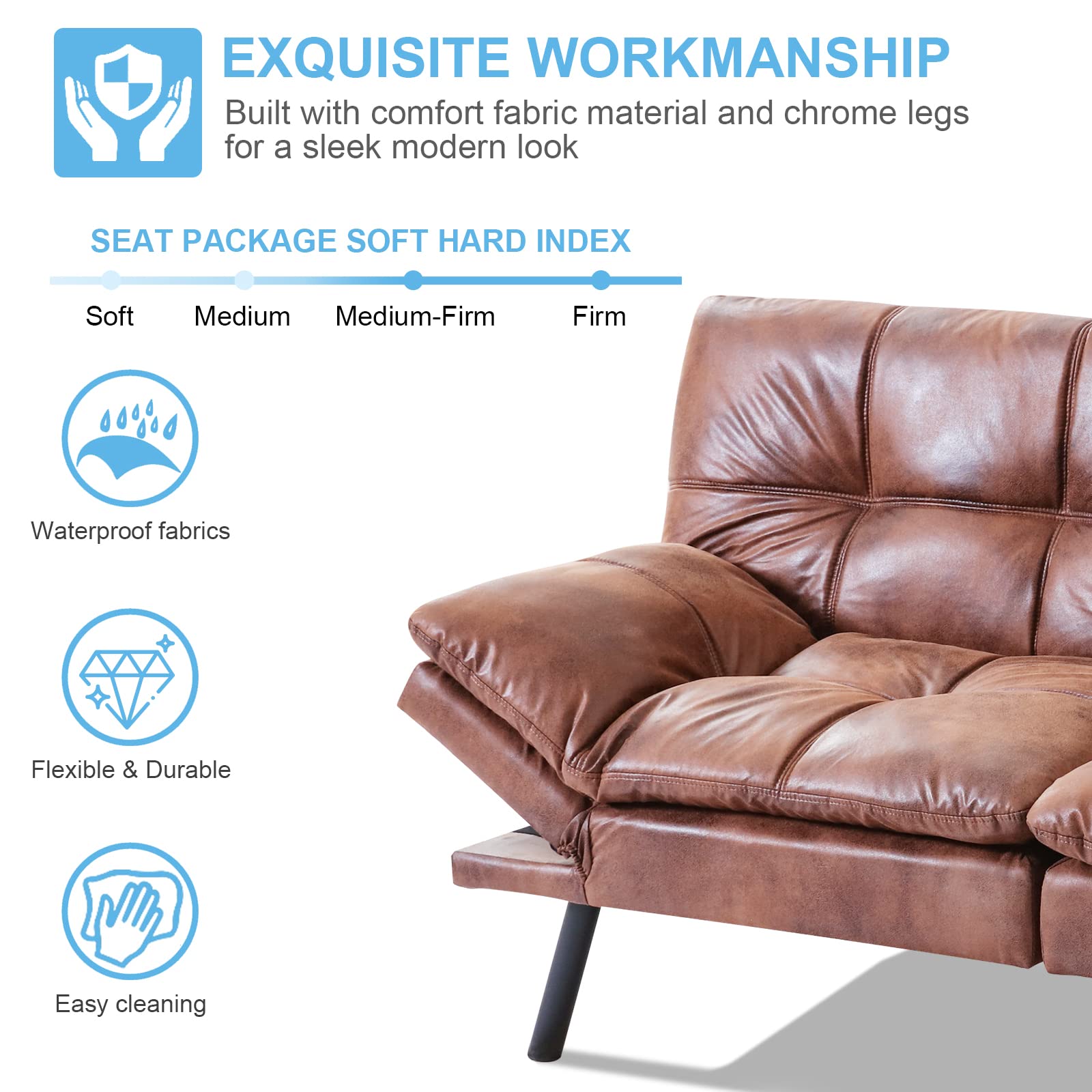 MUUEGM Futon Sofa Bed Modern Memory Foam Futon Couch Sleeper Bed,Loveseat Convertible Sofa Daybed with Adjustable Armrest Backrest for Living Room,Apartment,Dorm,Office,Faux Leather,Brown