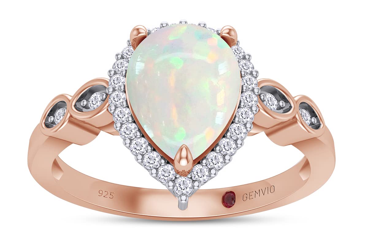 GEMVIO Collection 1 Carat CT 8X6MM Pear Cut Natural White Opal Gemstone & Diamond Halo Teardrop Engagement Ring In 14K Rose Gold Over Sterling Silver Anniversary Wedding Band Ring(1 Cttw)-6