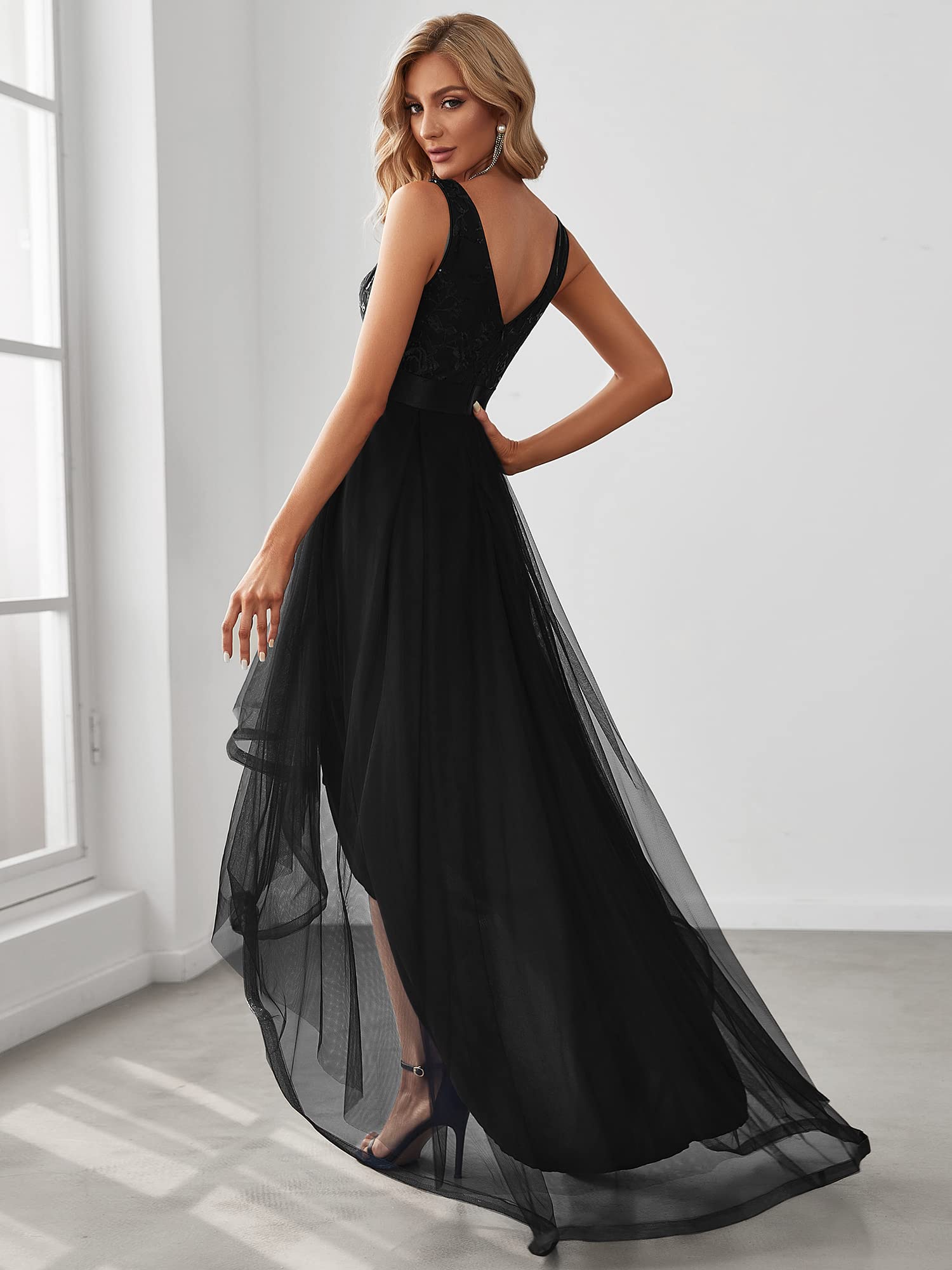 Ever-Pretty Women's Crew Neck Pleated Waist Short Sleeve Wedding Guest Dress Chiffon Bridesmaid Dresses Black US10