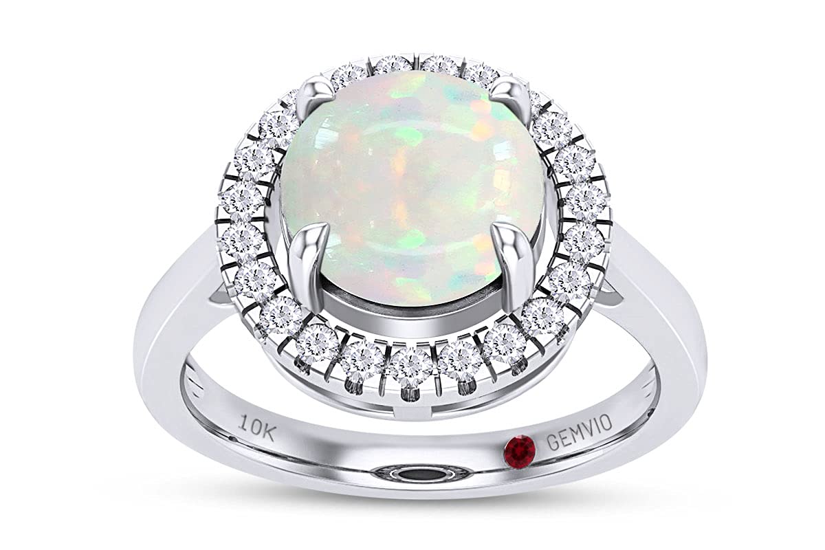 GEMVIO Collection 6MM Round Natural White Opal Gemstone & Natural Diamond Frame in 10K Solid White Gold Halo Engagement Bridal Wedding Band Ring (0.85 Cttw) Size-6