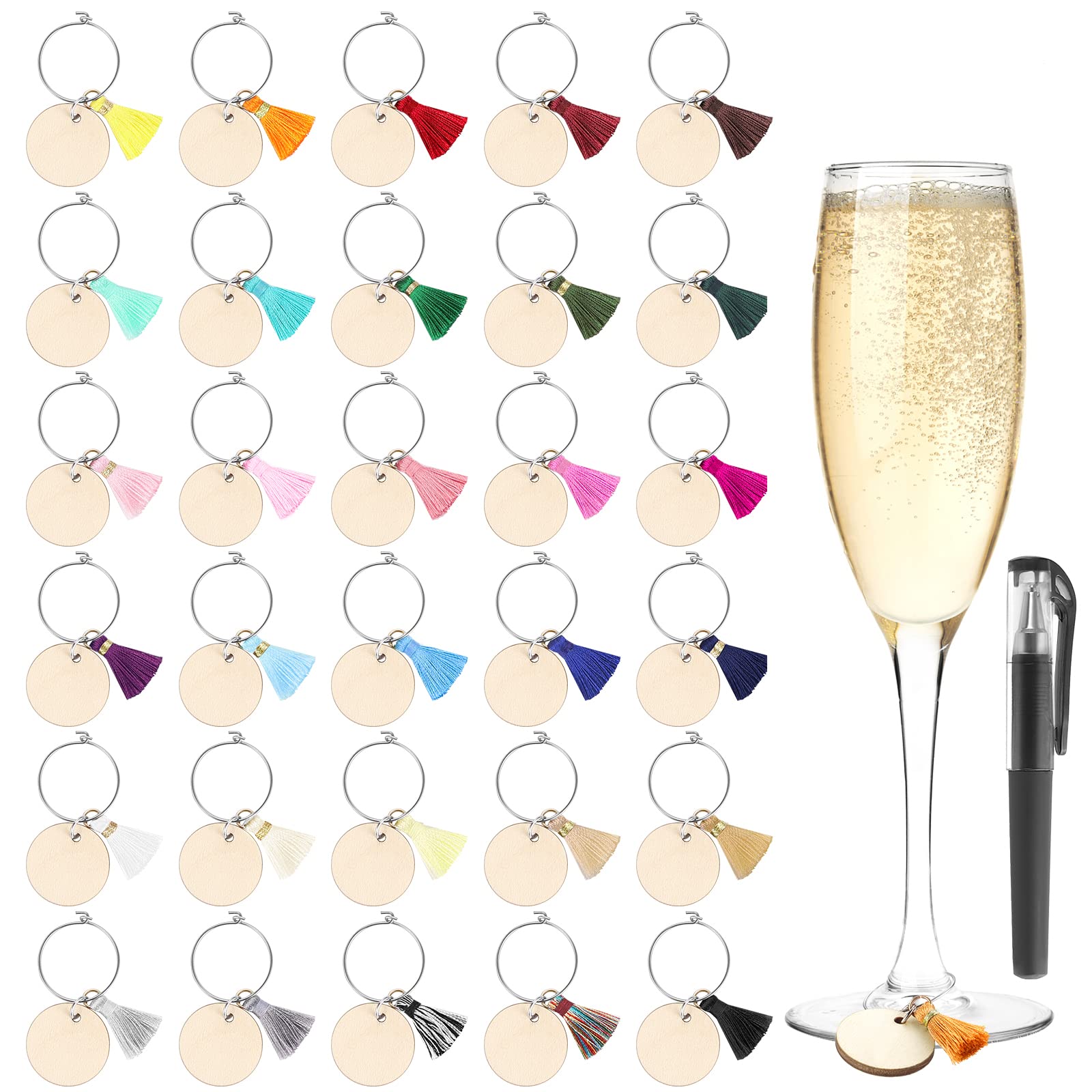 Lecone Wine Glass Charms, 30/60 Set Wood Wine Charms for Stem Glasses Classy DIY Tags Drink Markers Identifier for Christmas Thanksgiving Wedding Birthday Wine Tasting Party Favors