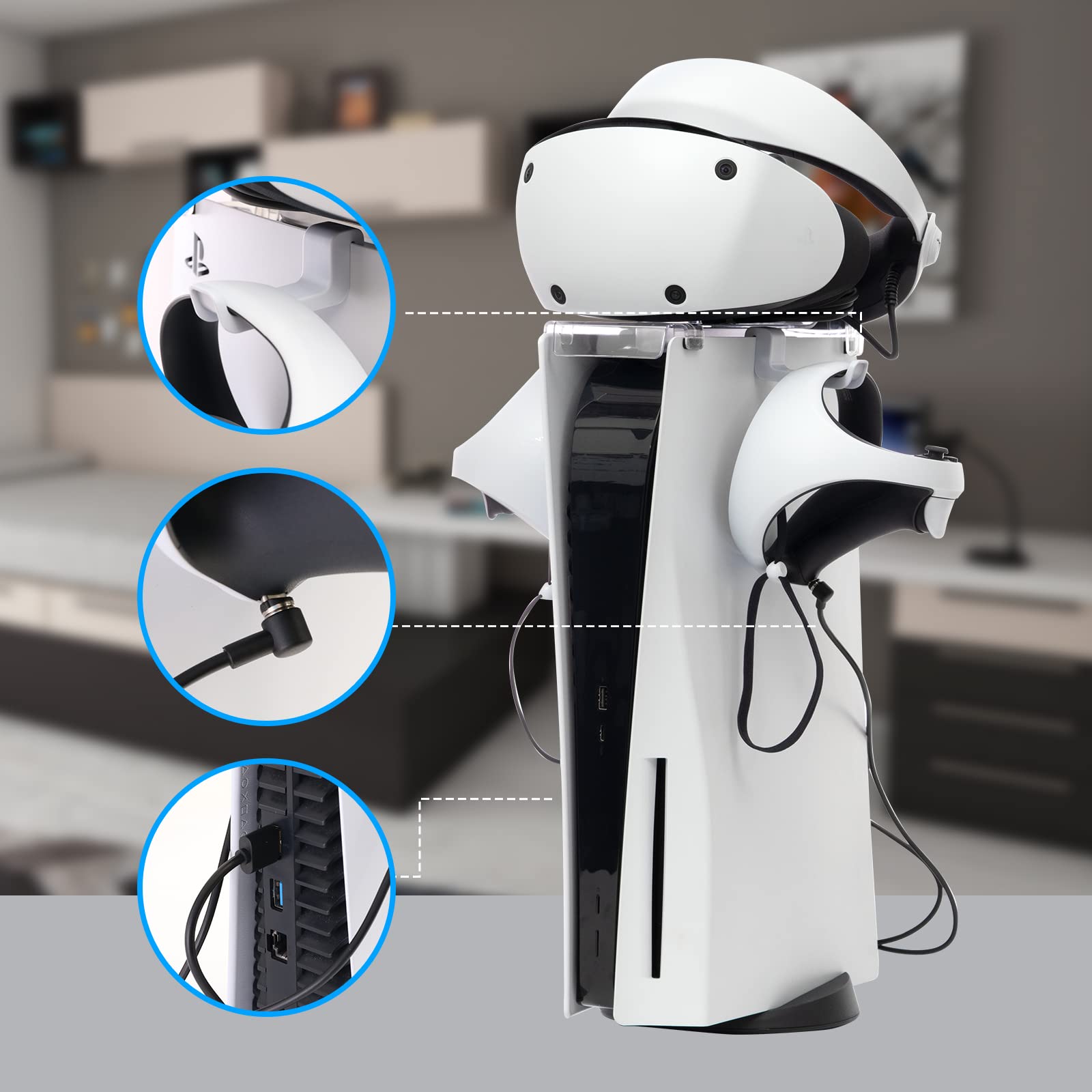 ECHZOVE PS VR2 Storage Stand, PS VR2 Storage Rack with PS VR2 Controllers Holders and Magnetic Charging Cable for PS VR2 Controllers - All in One