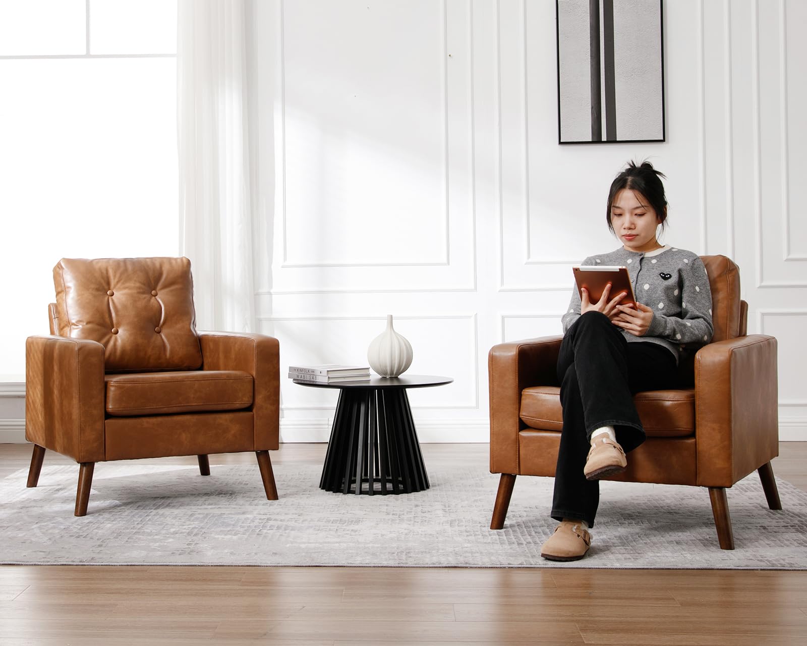Mid Century Modern 53” Loveseat Sofa, Comfy Upholstered Button Tufted Faux Leather 2 Seater Small Sofa Couch, Lounge Sleeper Sofa Bed Love Seats for Small Spaces Living Room Apartment Bedroom, Brown