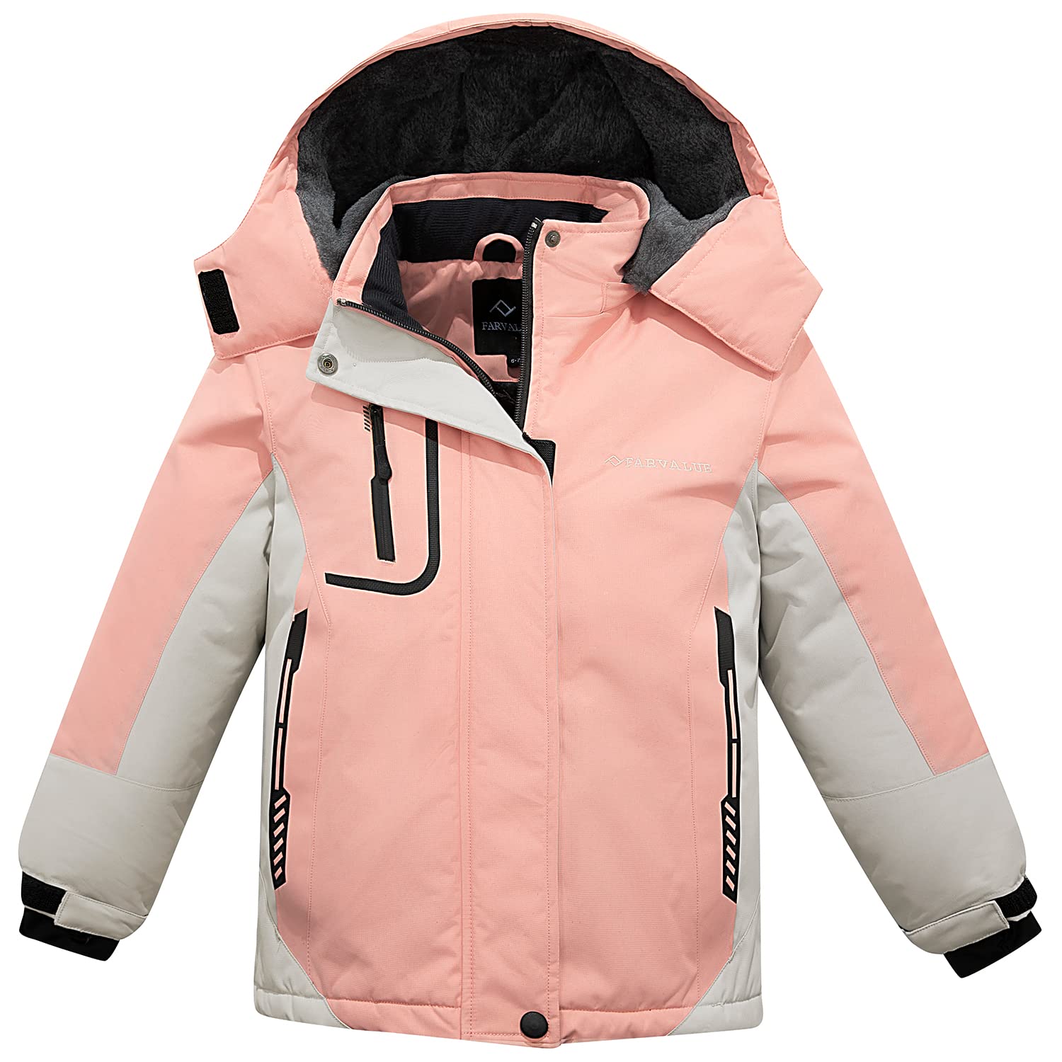 FARVALUE Girls Waterproof Ski Jacket Windproof Winter Coat Warm Snow Coat Outdoor Raincoats with Removable Hood Pink 10-12