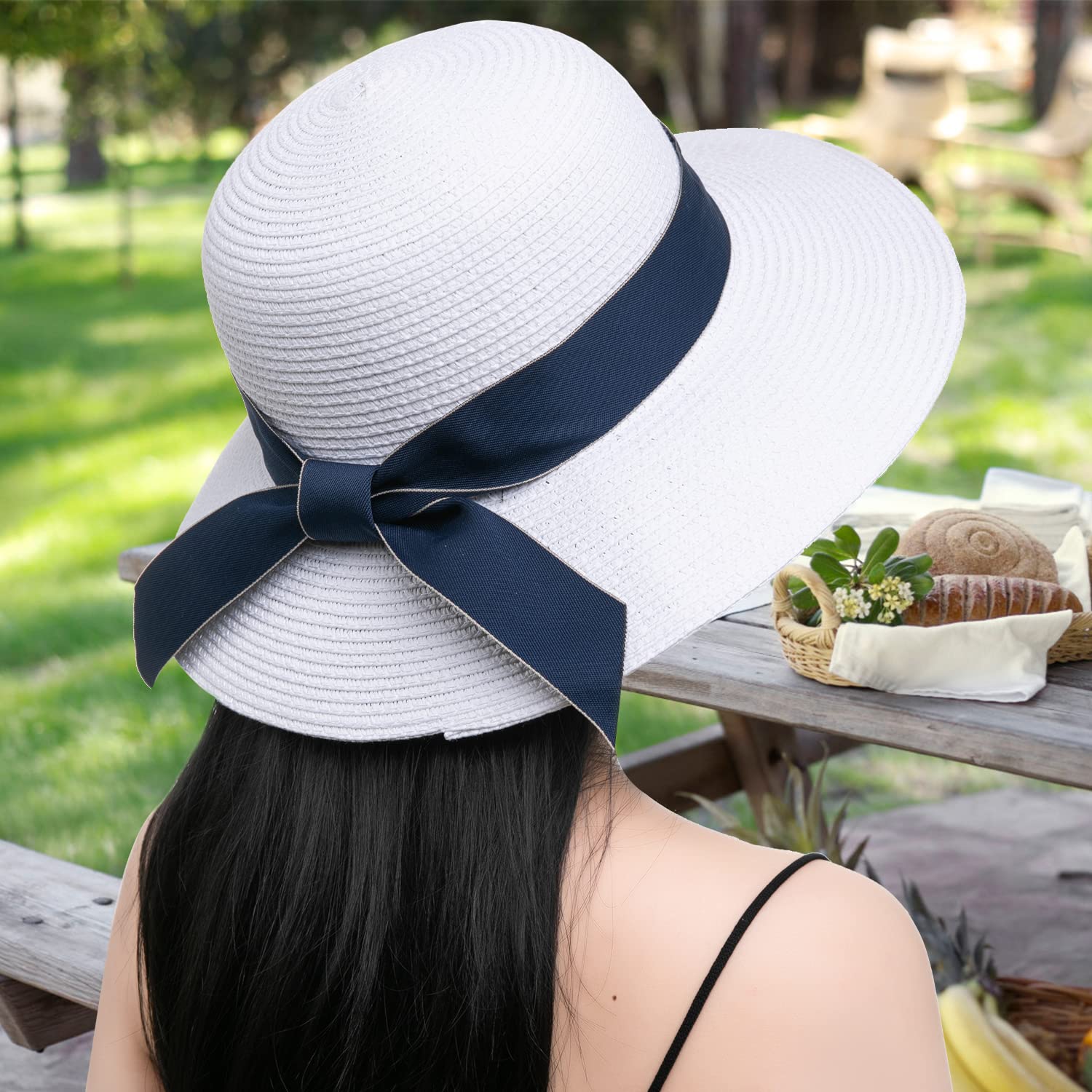 FARVALUE Women's Sun Beach Straw Hat Foldable Floppy Hats Summer UV Protection Wide Brim Travel Beach Cap Blue