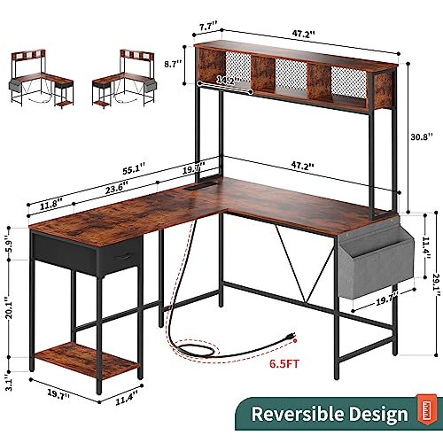 Yoobure L Shaped Desk with Power Outlet, Reversible L Shaped Computer Desk with Storage Shelf and Drawer, Corner Desk with Storage Bag, 2 Person Home Office Desk, Industrial Gaming Desk with USB Ports