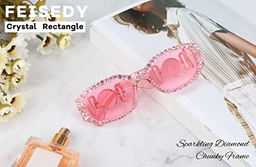 FEISEDY Chunky Rectangle 90s Sunglasses Men Women Crystal Sunglasses UV400 Sparkling Fahion Temple B2880